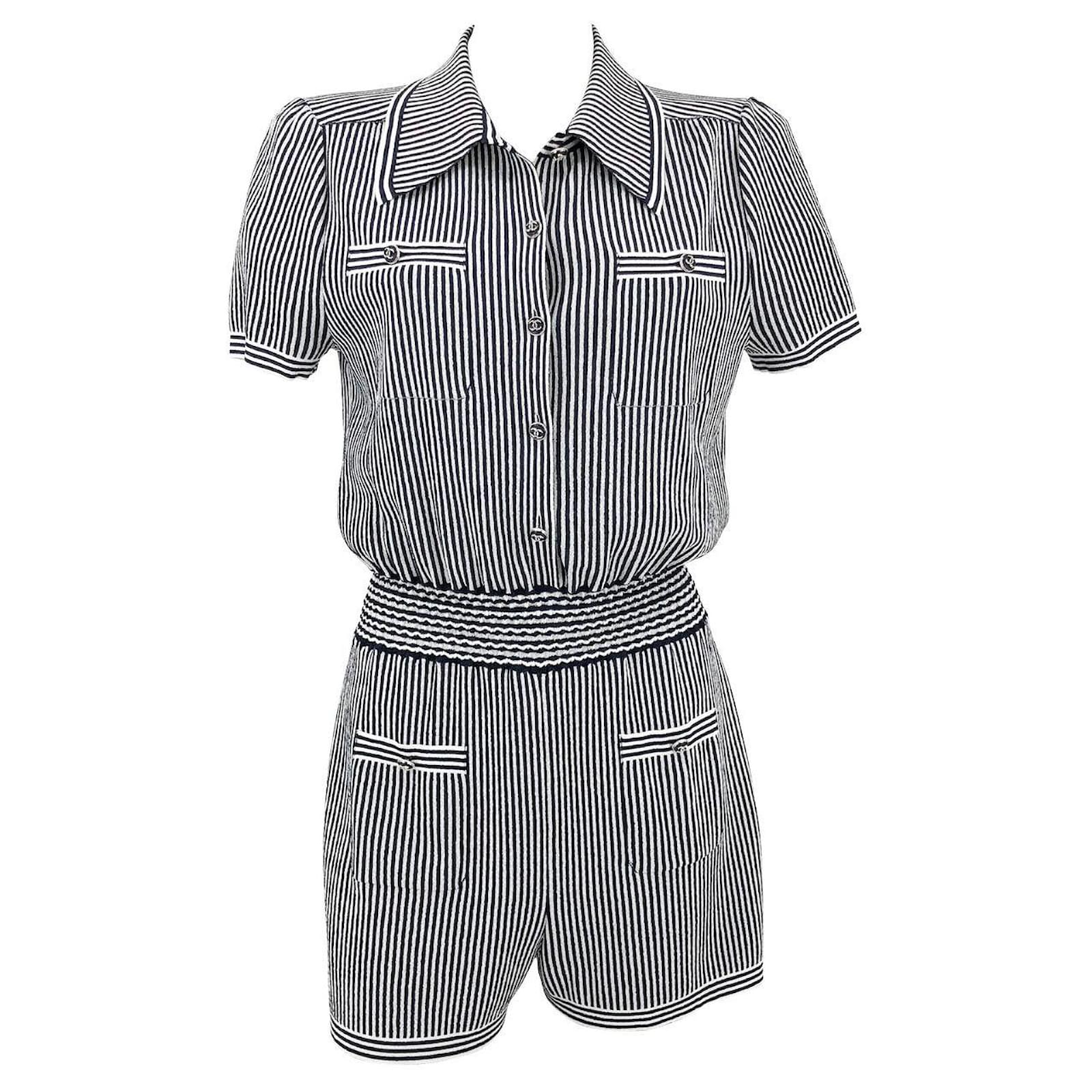 Chanel romper shorts jumpsuit in navy & white stripe with crystal ...