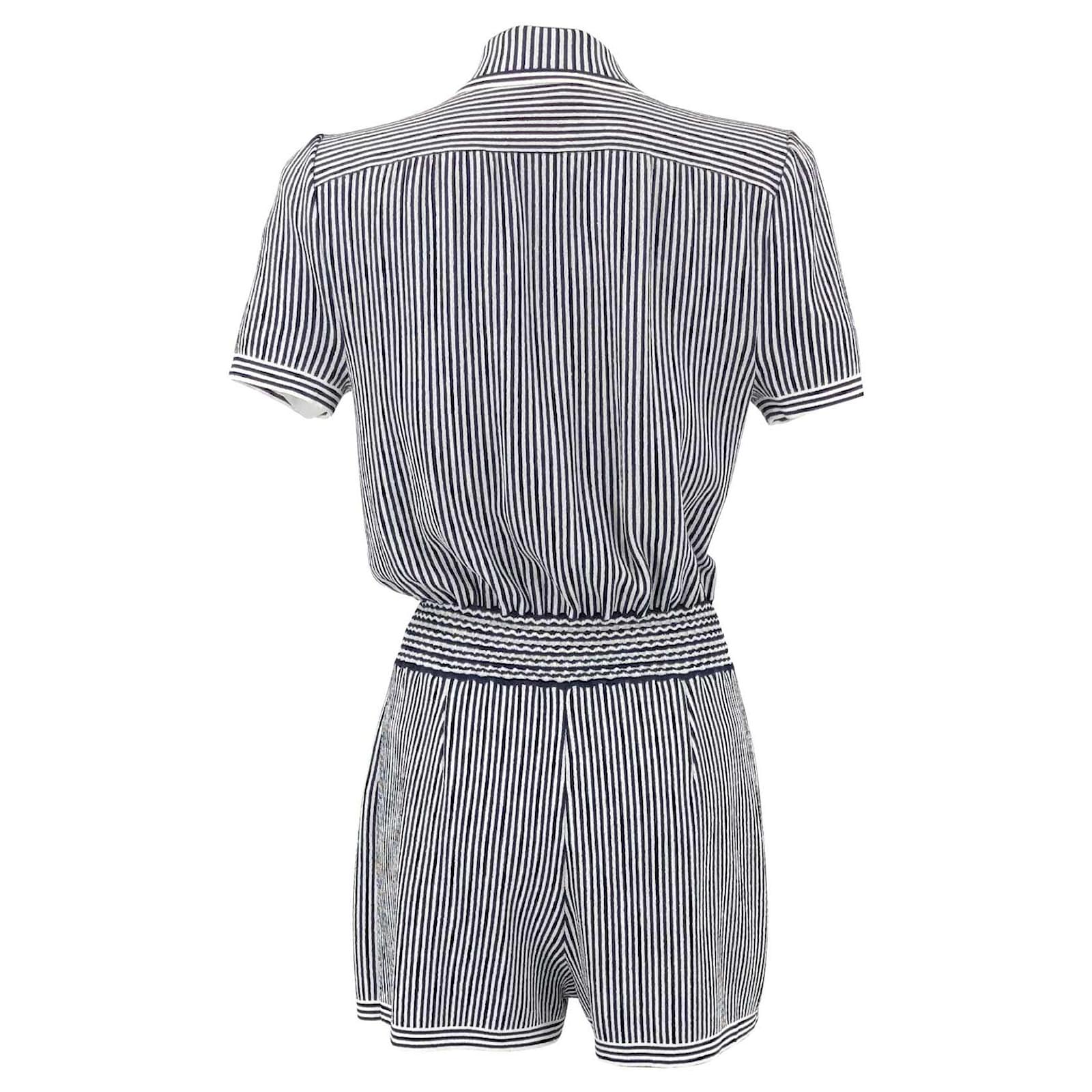 Chanel romper shorts jumpsuit in navy & white stripe with crystal ...