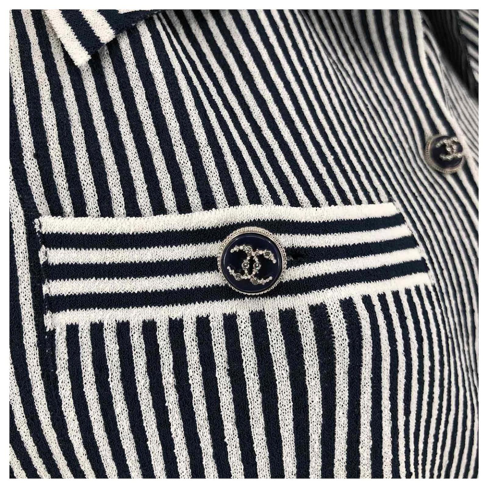 Chanel romper shorts jumpsuit in navy & white stripe with crystal ...