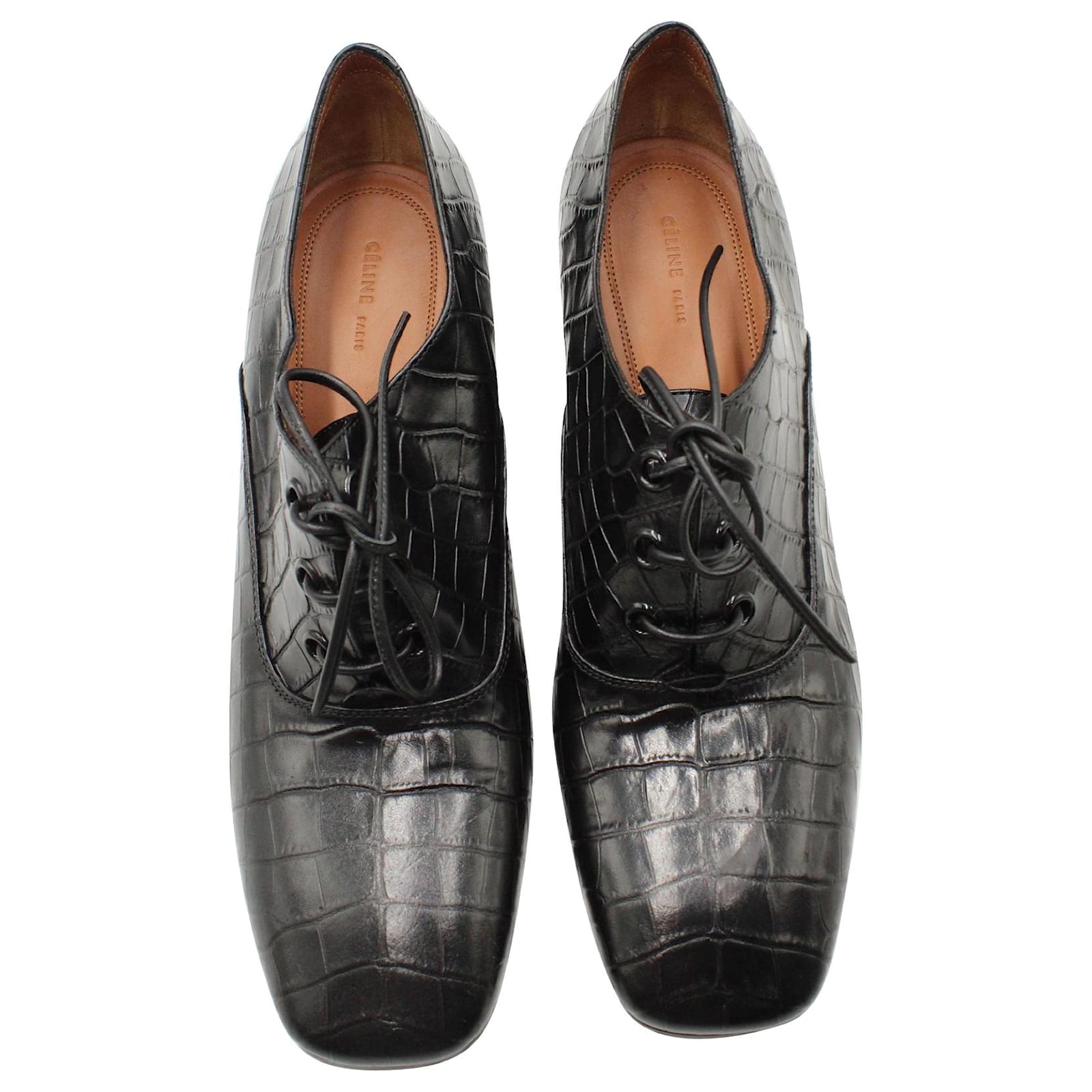 Céline Celine Phoebe Philo Block Heel Brogues en Cuir Noir Effet Croco ...