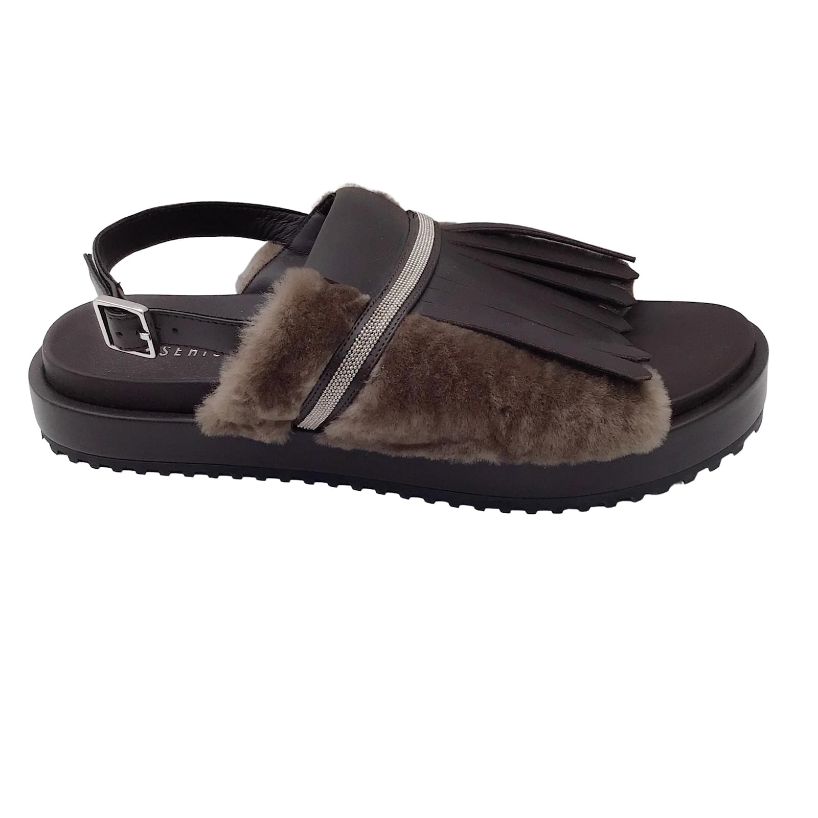 Peserico Brown / Taupe / Silver Monili Beaded Detail Fur and Leather ...