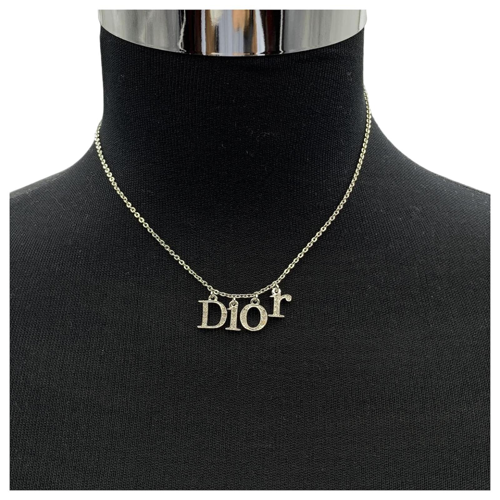 Christian Dior Silver Metal Crystals Letters Charms Chain Necklace ...