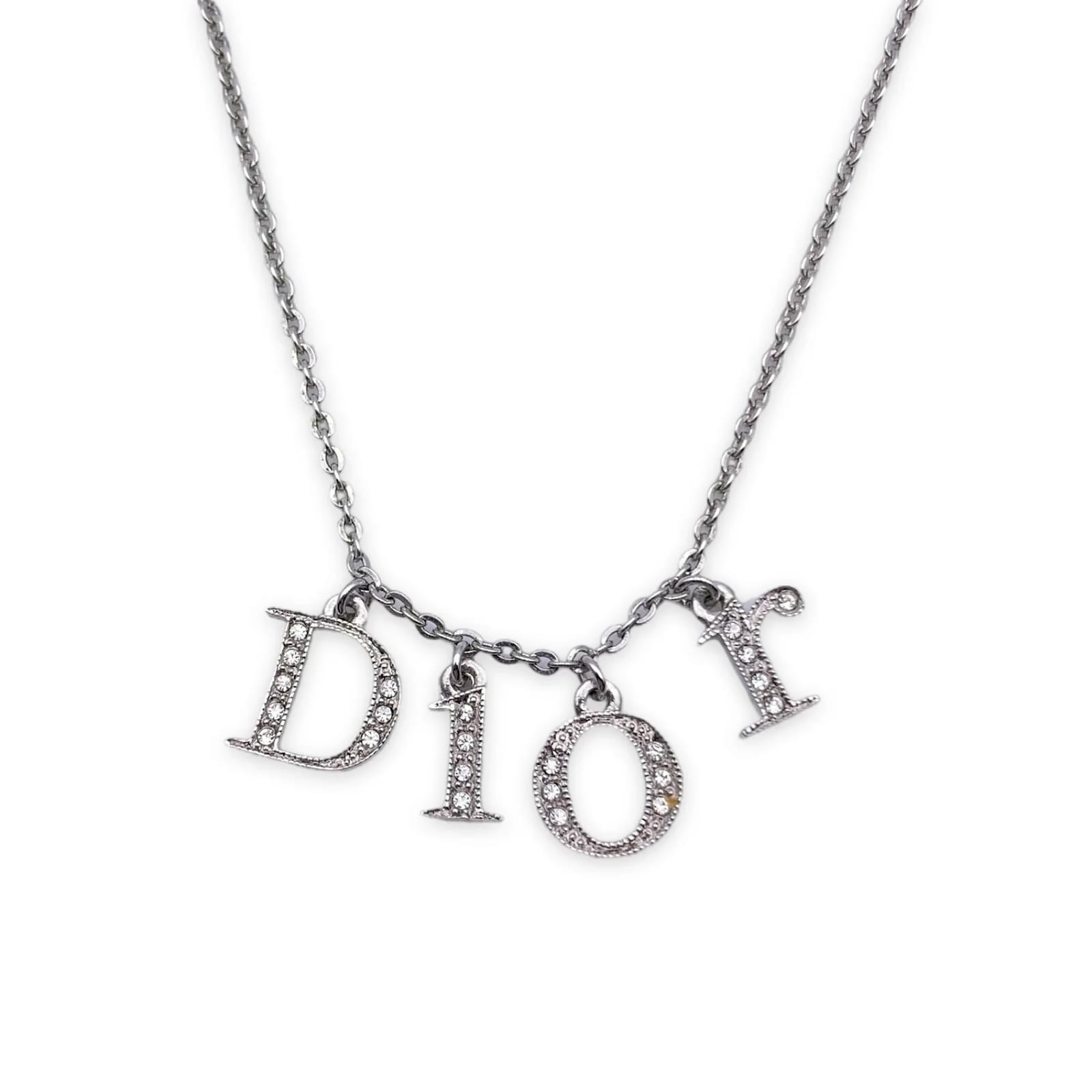 Christian Dior Silver Metal Crystals Letters Charms Chain Necklace ...