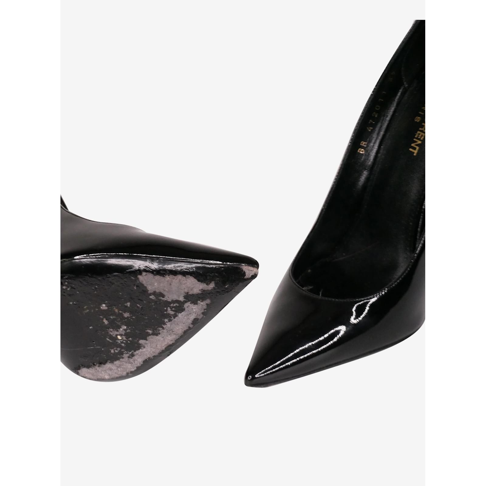 Saint Laurent Scarpe con tacco in vernice a punta con logo YSL nero ...