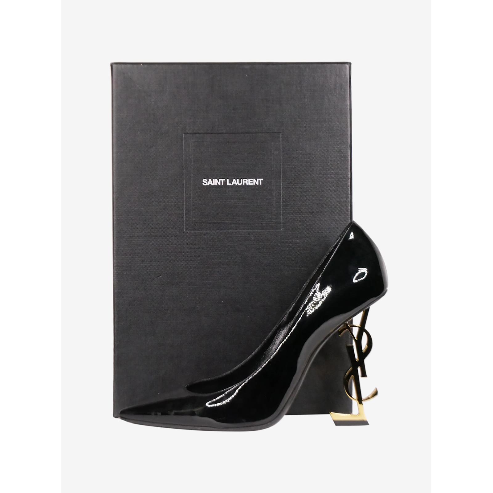 Saint Laurent Scarpe con tacco in vernice a punta con logo YSL nero ...