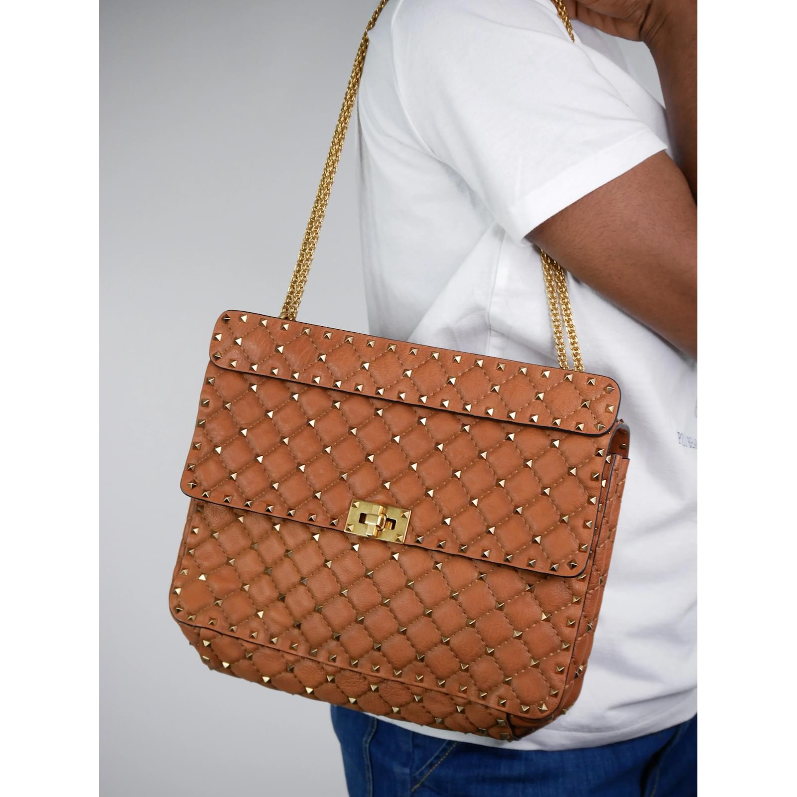 Valentino Brown large nappa rockstud spike bag Leather ref.984050 ...