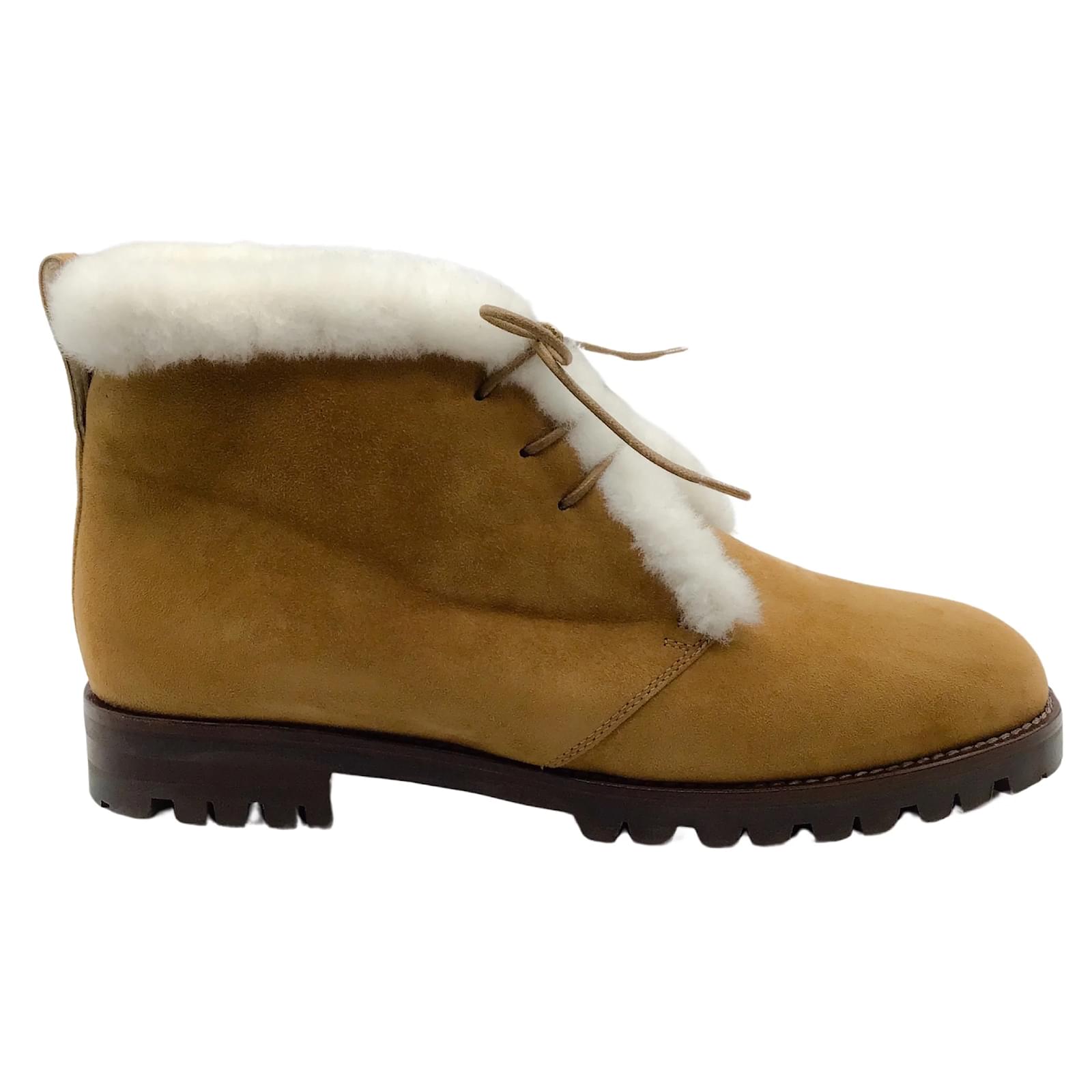 Manolo Blahnik Tan Suede Marcus Lace Up Bootie with Shearling Brown ref ...