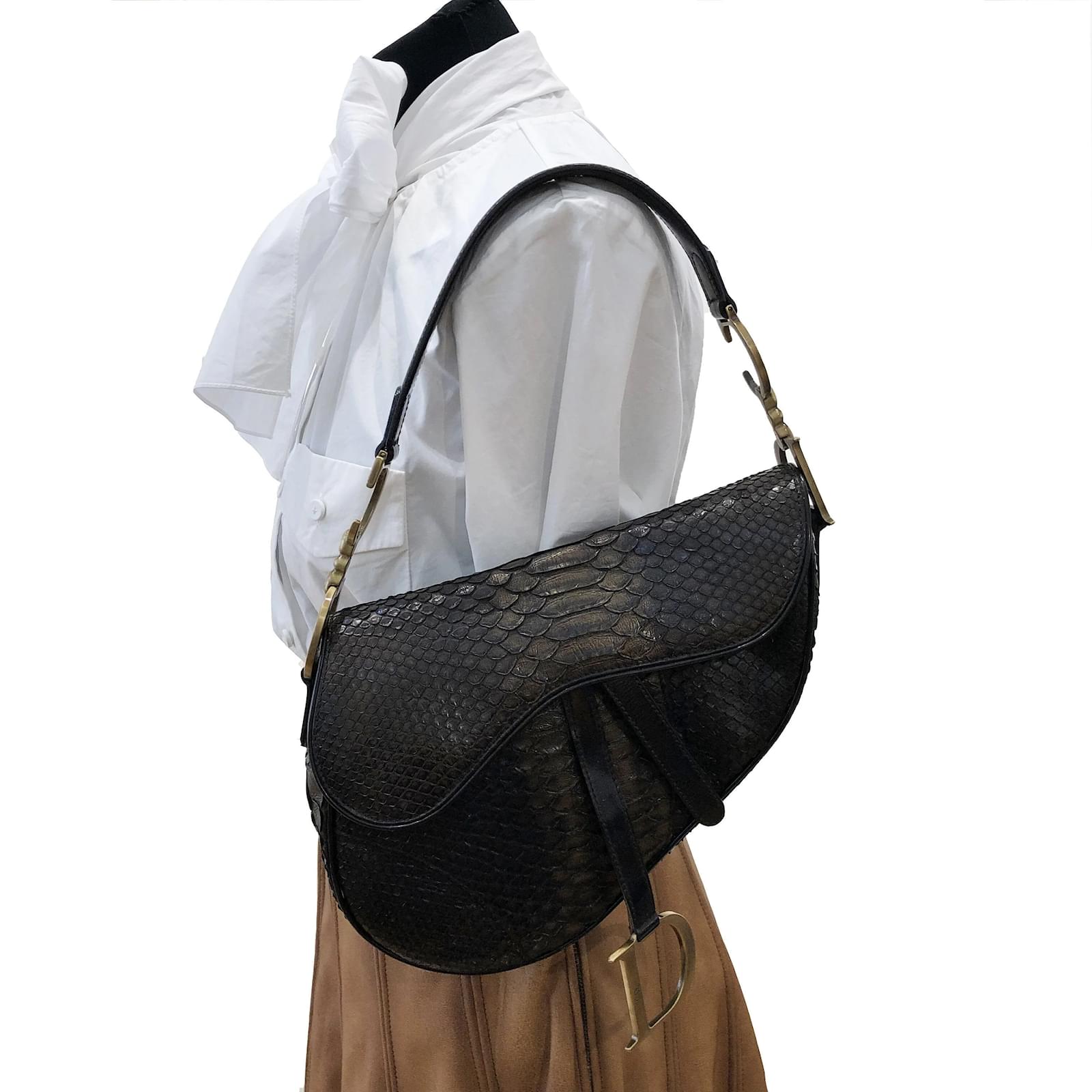 Christian Dior Python Saddle GHW Bag Brown Leather ref.1036099 - Joli Closet