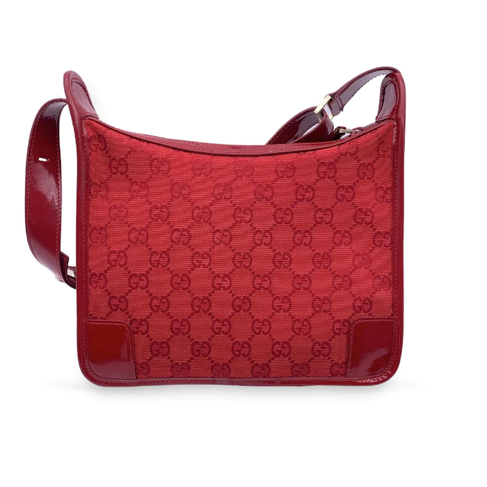 Gucci Red Monogram Canvas Patent Leather Hobo Shoulder Bag Cloth ref ...