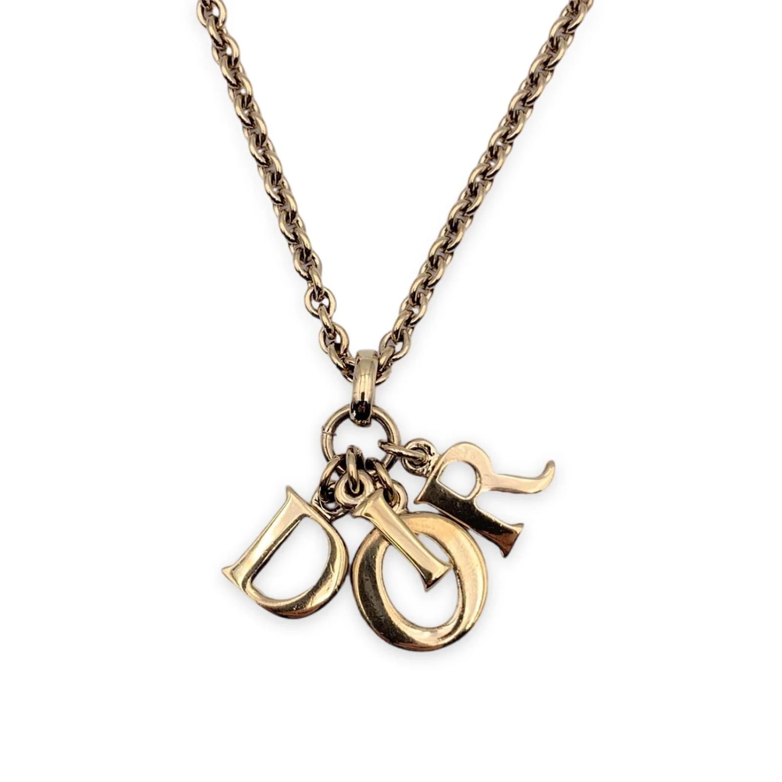 Christian Dior Gold Metal Dangling Letters Logo Necklace White ref ...