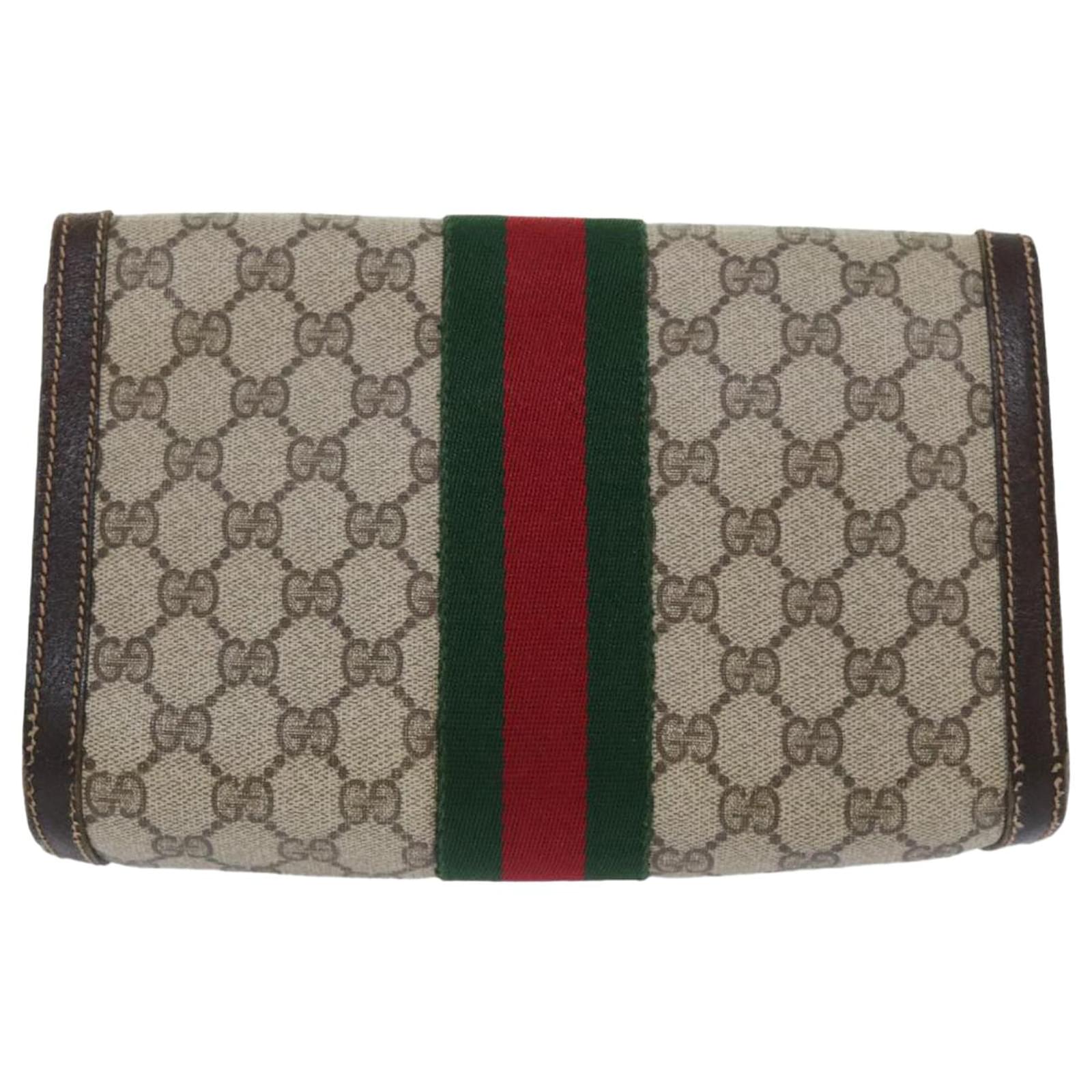 GUCCI GG Canvas Web Sherry Line Clutch Bag PVC Leather Beige Red Auth ...