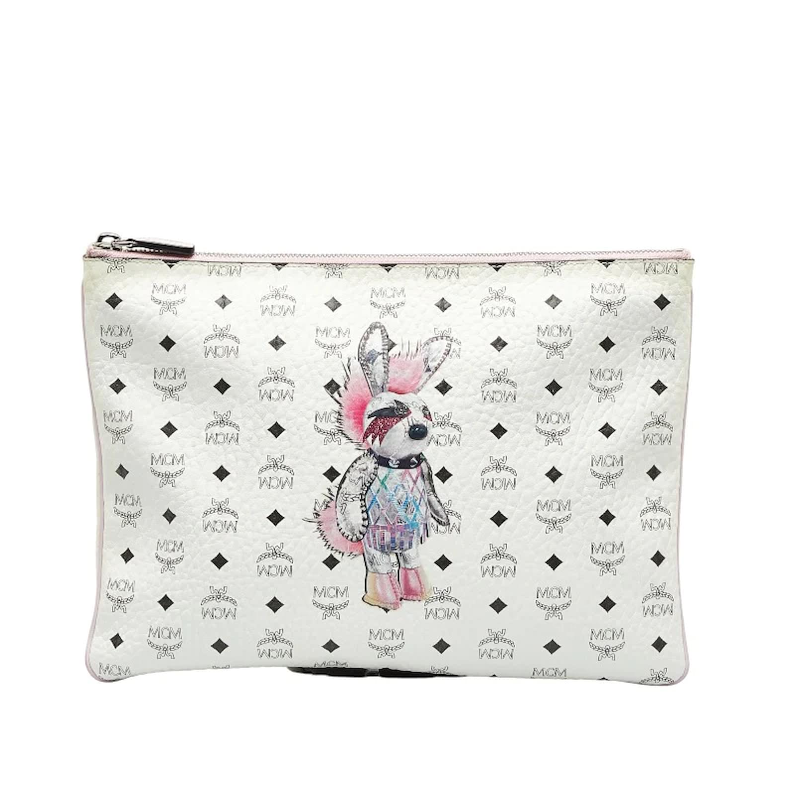 MCM Visetos Rabbit Zip Clutch Bag White Cloth ref.1111730 - Joli Closet