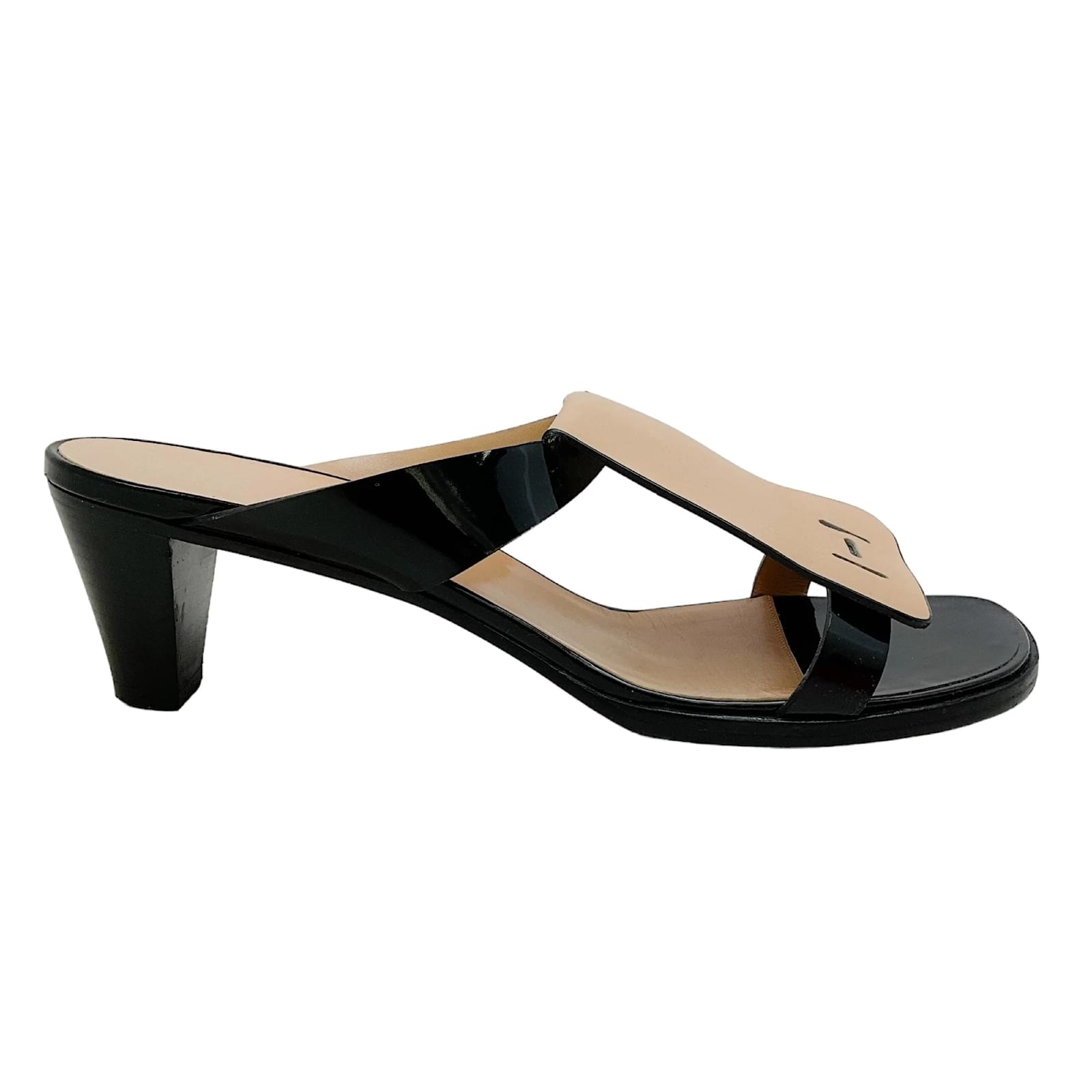 Hermès Hermes Black Patent / Tan Leather H Sandals Patent leather ref ...