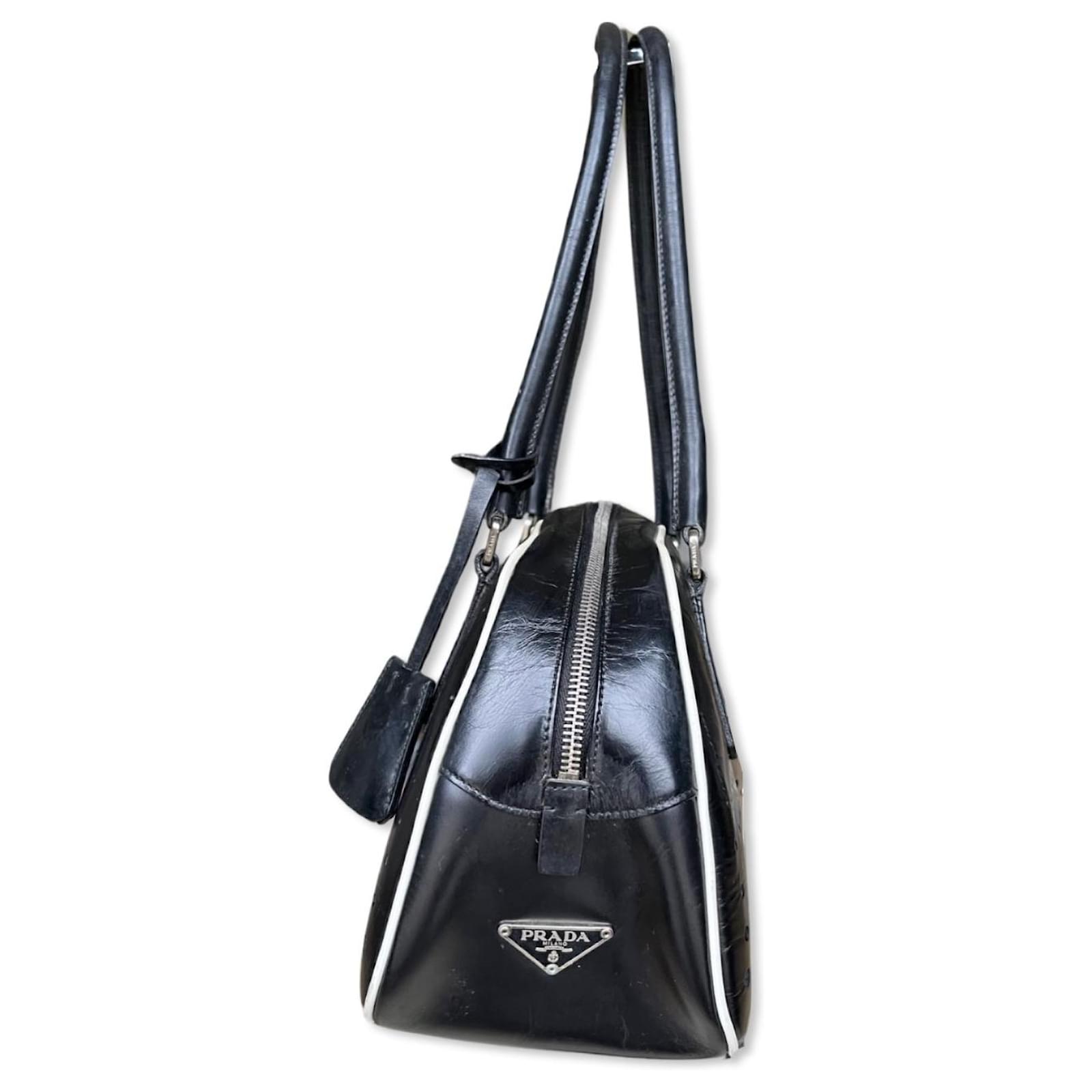 Prada Saffiano Bowling Black with Prada monogram logo on triangle White ...