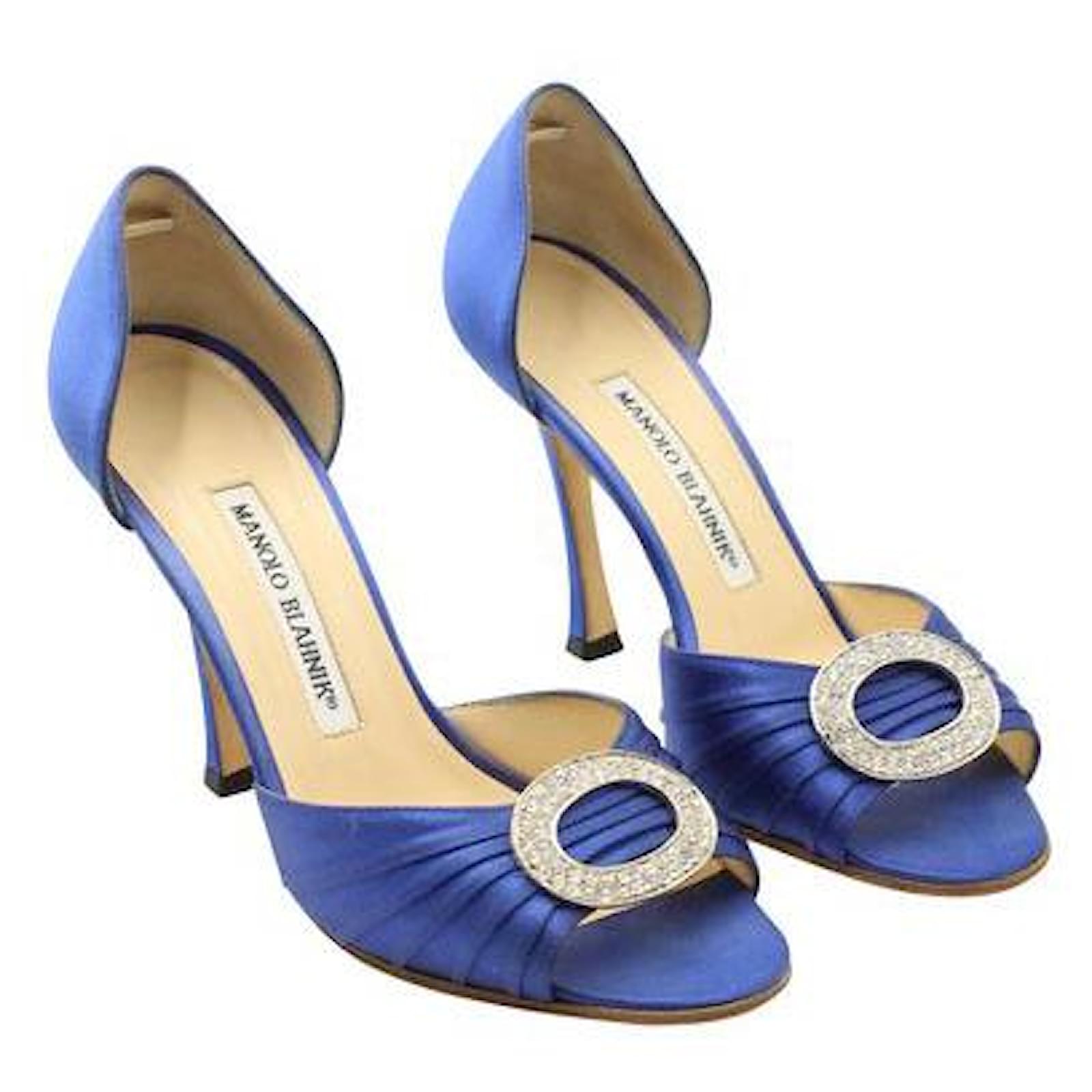 Manolo Blahnik Royal Blue Satin Heels with Crystal Embellishments ...