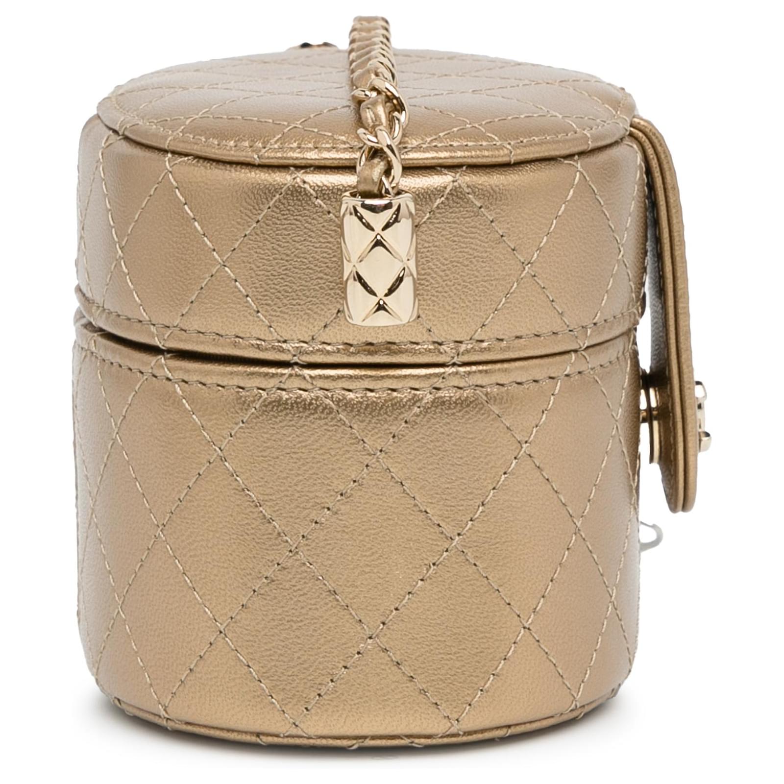 Chanel Gold CC Metallic Lambskin Round Vanity Case Golden Leather ref ...