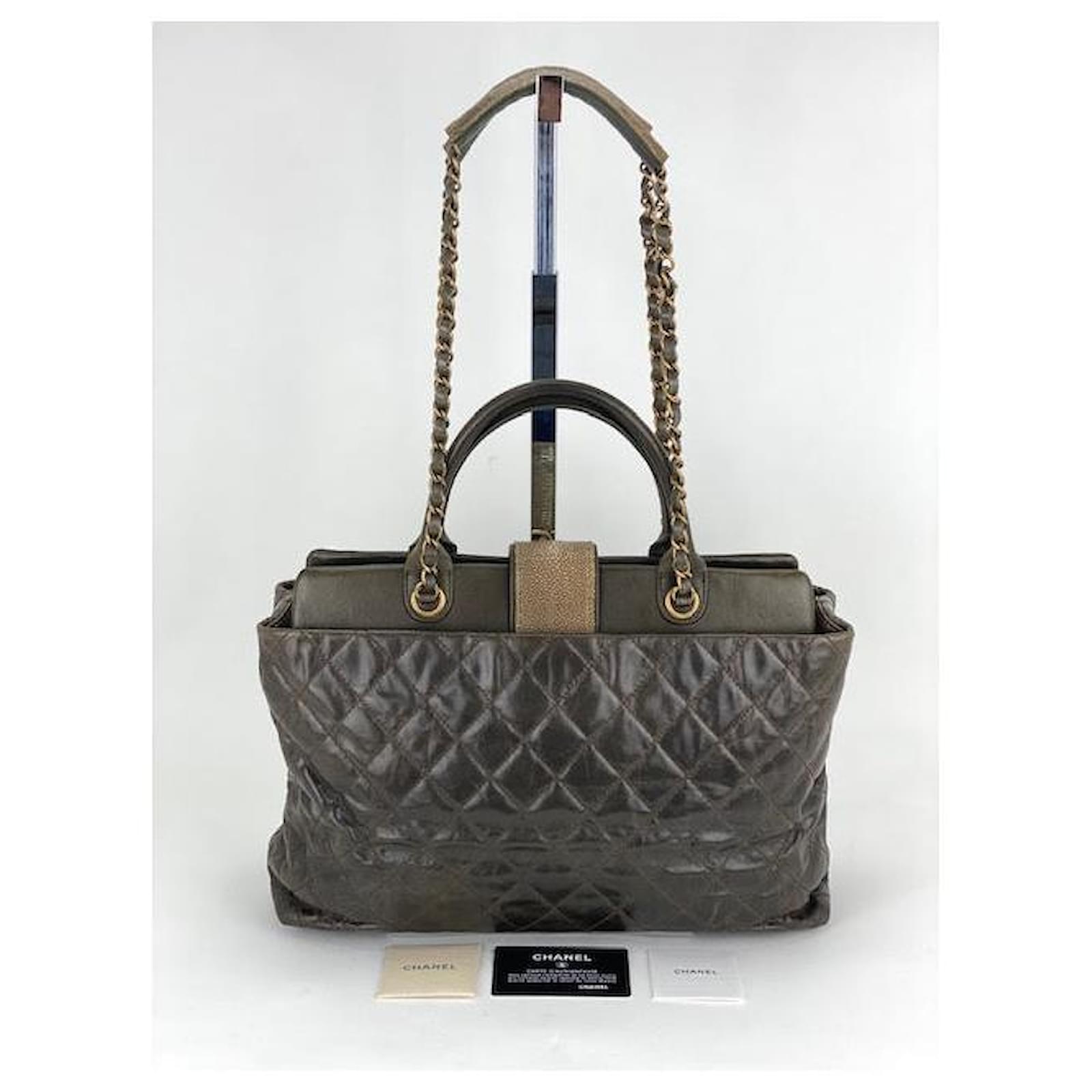 CHANEL Glazed Calfskin Large Bindi CC Grey Tote Hand Bag Leather Pony ...