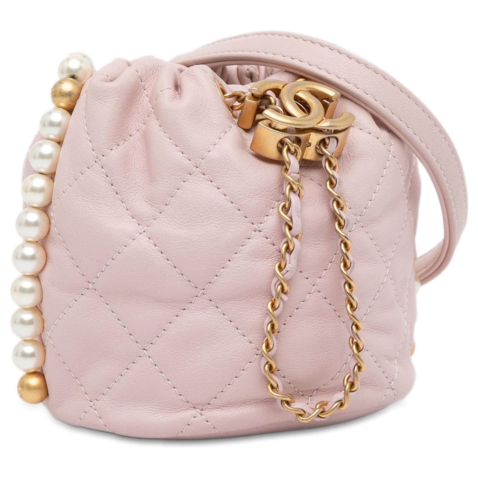 Pink Chanel Mini Calfskin About Pearls Drawstring Bucket Bag Leather ...