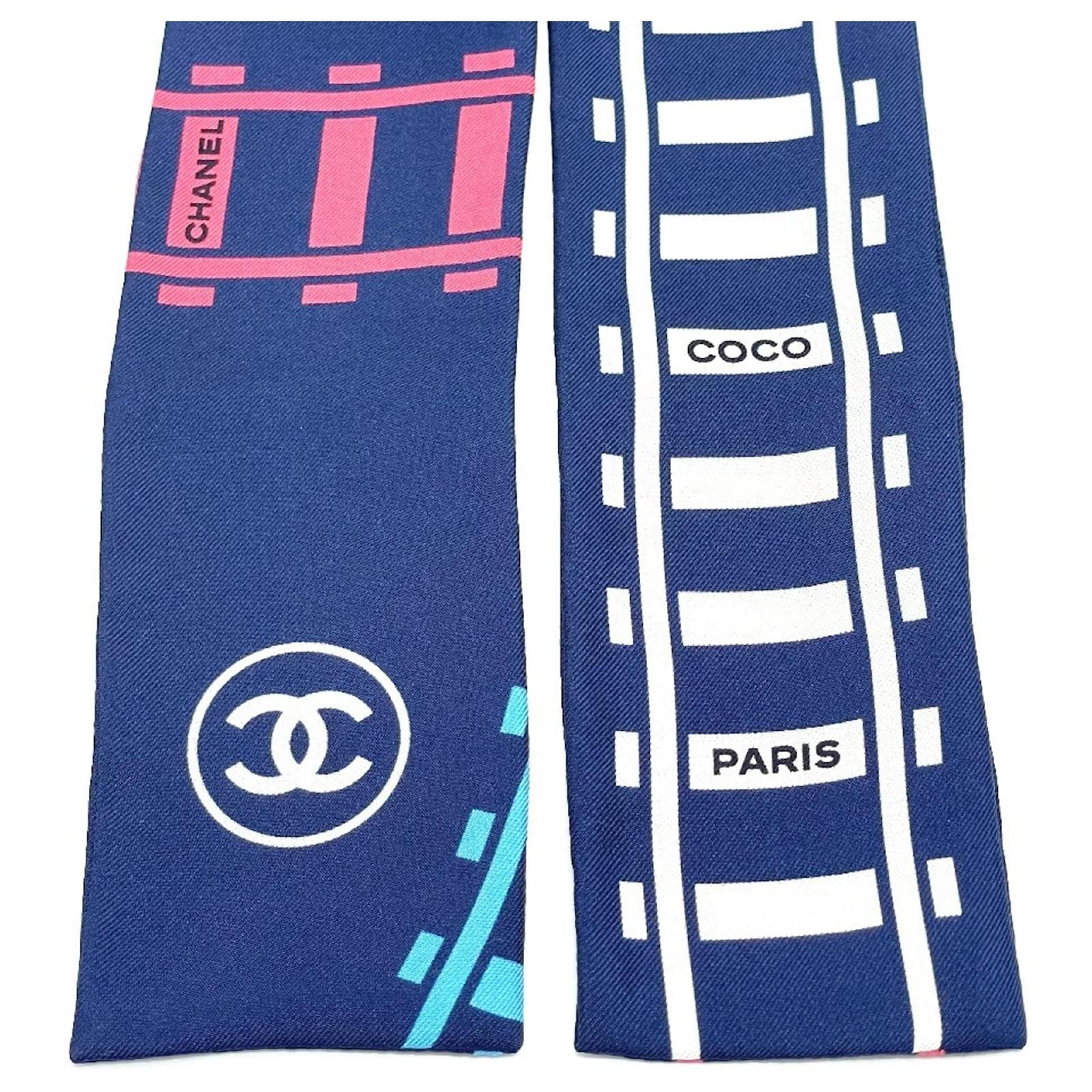 Chanel CC Coco Mark Railroad Motif Silk Twilly Scarf Blue ref.1551504 ...