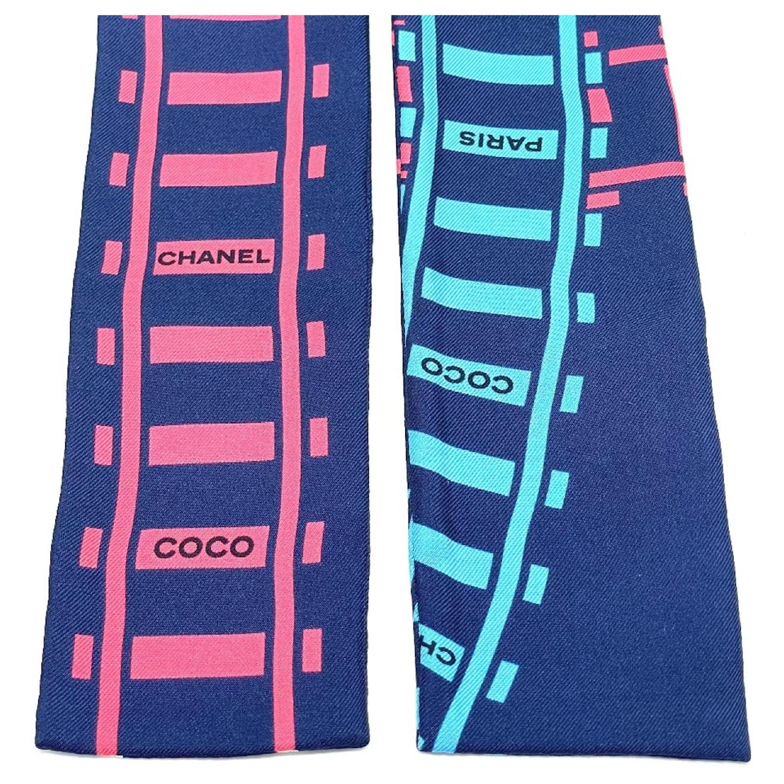 Chanel CC Coco Mark Railroad Motif Silk Twilly Scarf Blue ref.1551504 ...