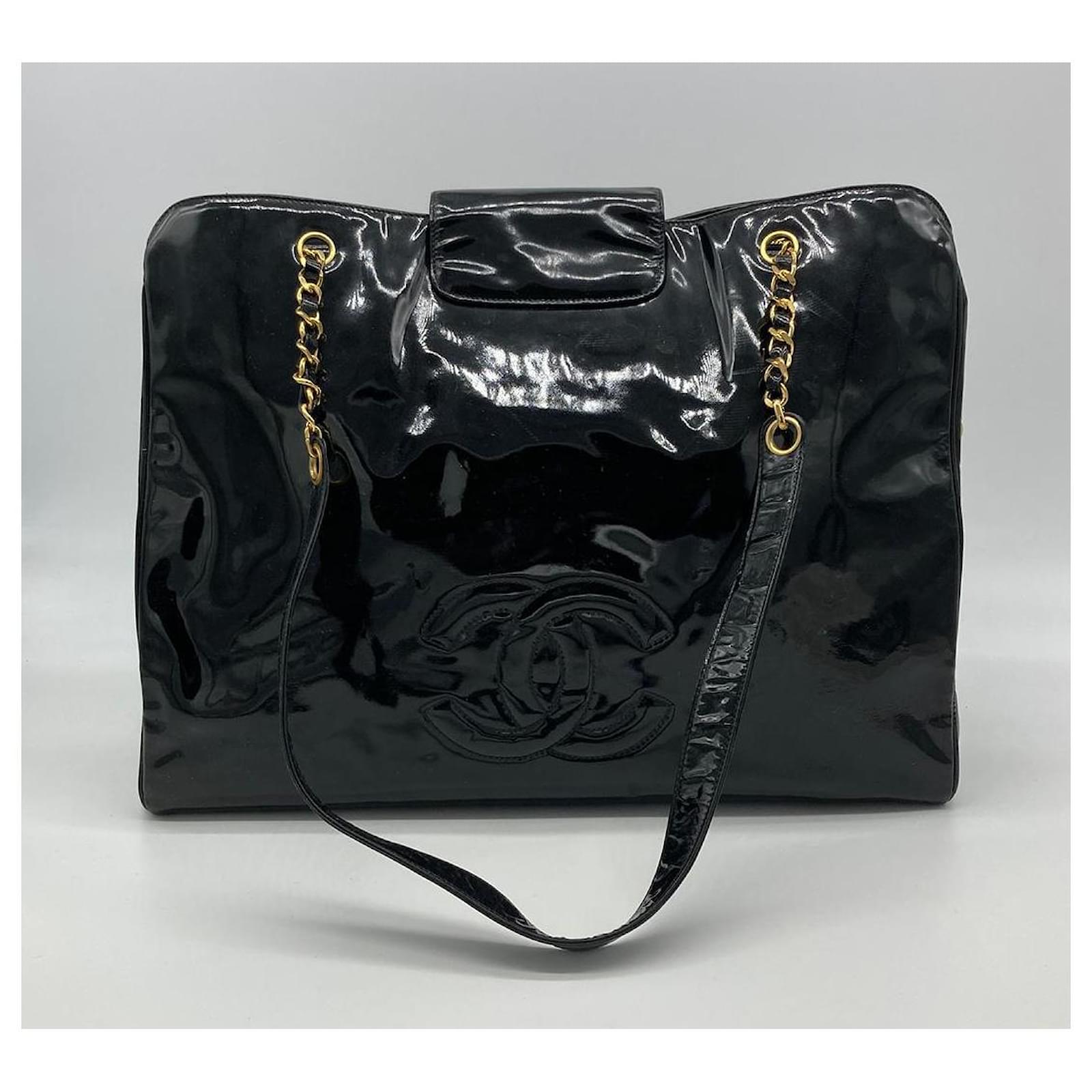 Timeless Chanel Vintage Black Patent XL Weekender Super Model Tote ...