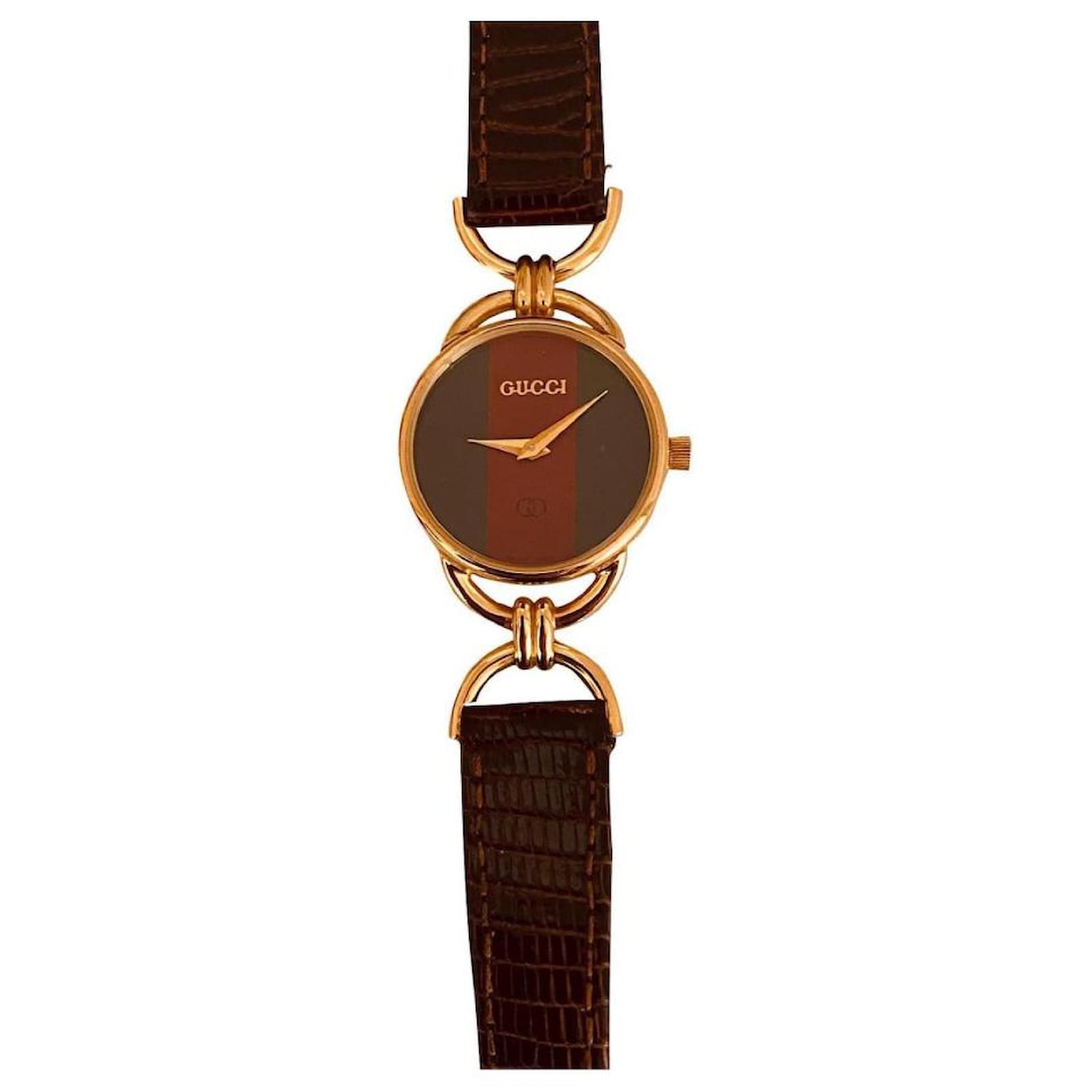 Vintage Gucci watch Red Dark green Leather Gold-plated ref.1565064 ...