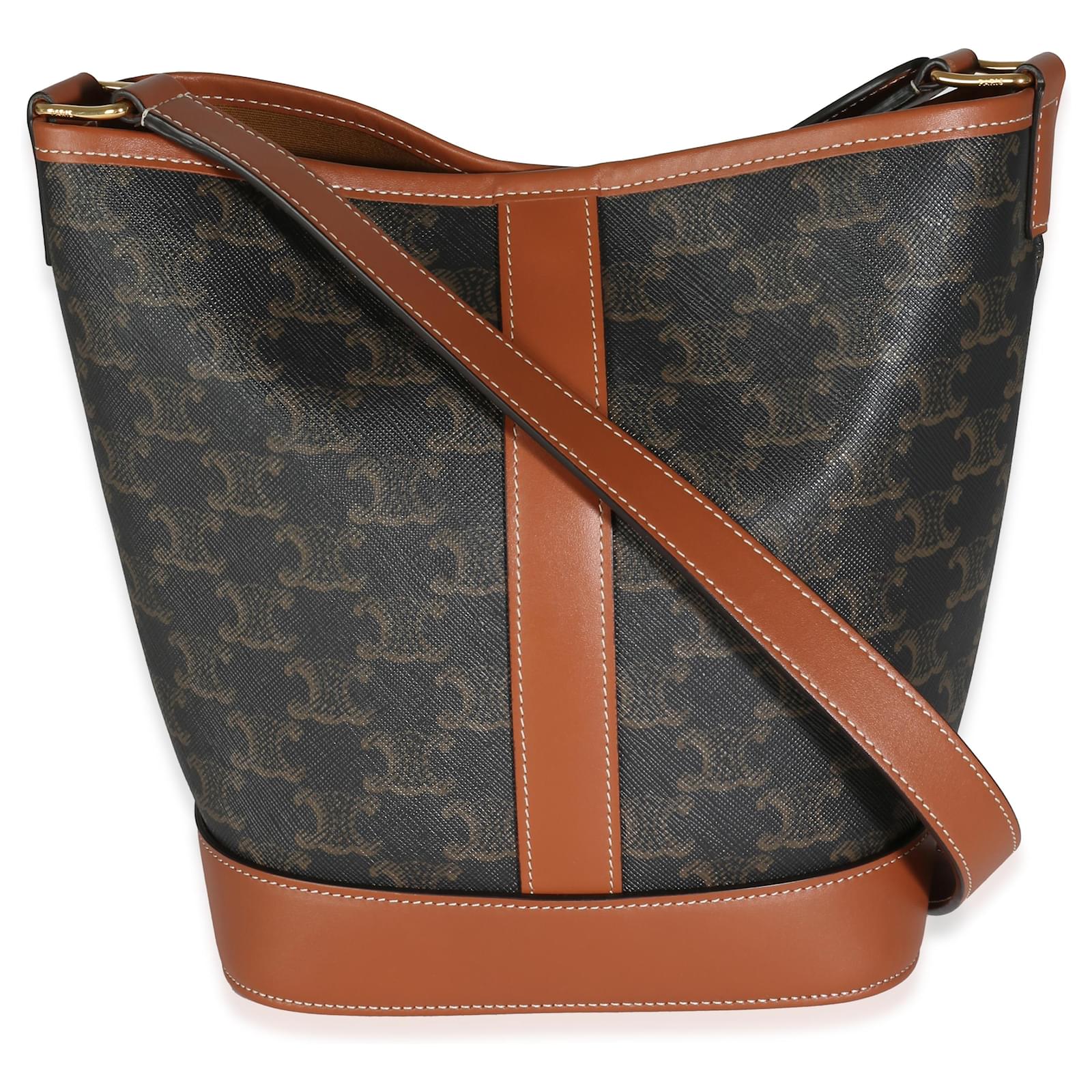 Céline Celine Tan Calfskin Triomphe Canvas Small Bucket Bag Brown Cloth ...