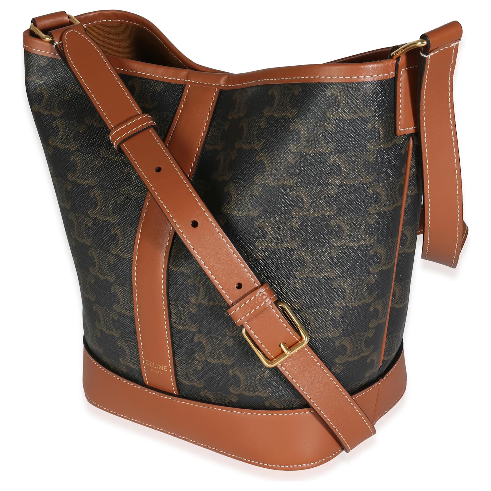Céline Celine Tan Calfskin Triomphe Canvas Small Bucket Bag Brown Cloth ...