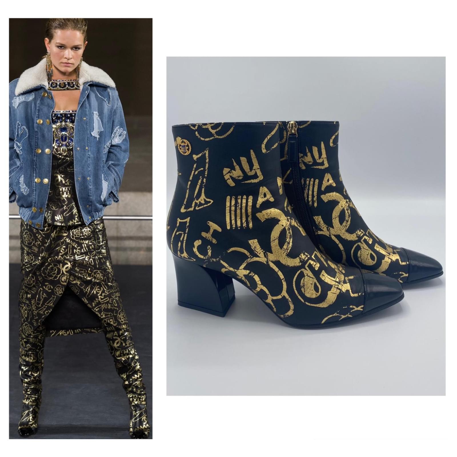 Chanel 19A Paris-Egypt Runway Black and Metallic Gold Leather Graffiti ...