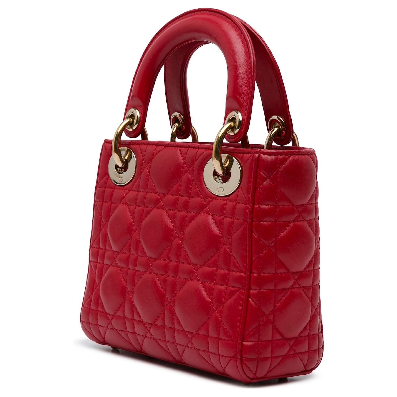 Dior Red Mini Lambskin Cannage Lady Dior Leather ref.1620513 - Joli Closet