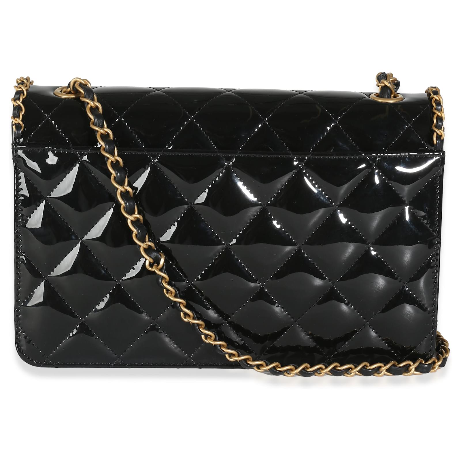 Timeless Chanel 24A Black Quilted Patent Chain Around Heart Flap Bag ...