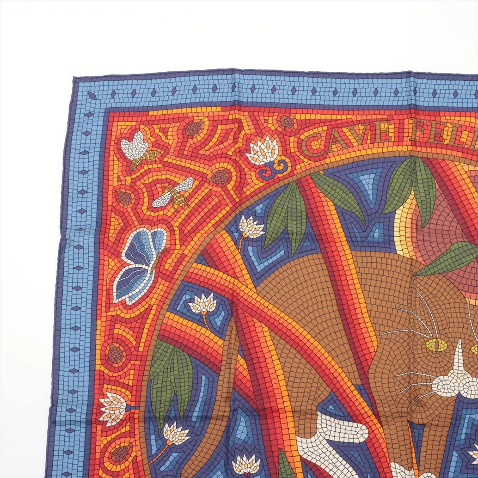 Hermès Hermes Carre 90 CAVE FELEM Cat Watch Out Scarf Blue Orange Silk ...