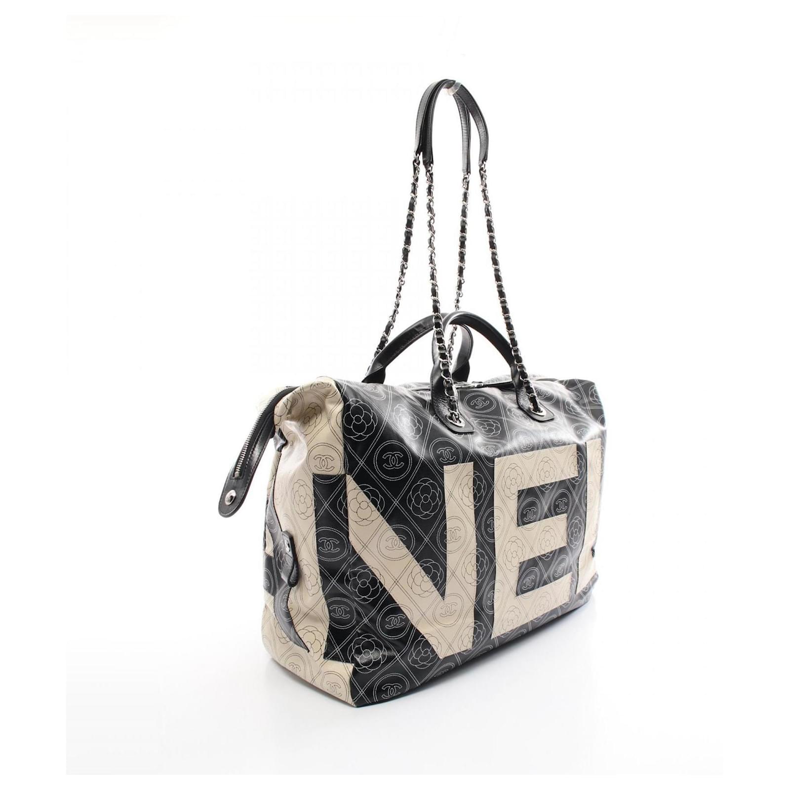 Chanel Camellia Coco Mark Boston Bag Black Beige Cloth Plastic ref ...