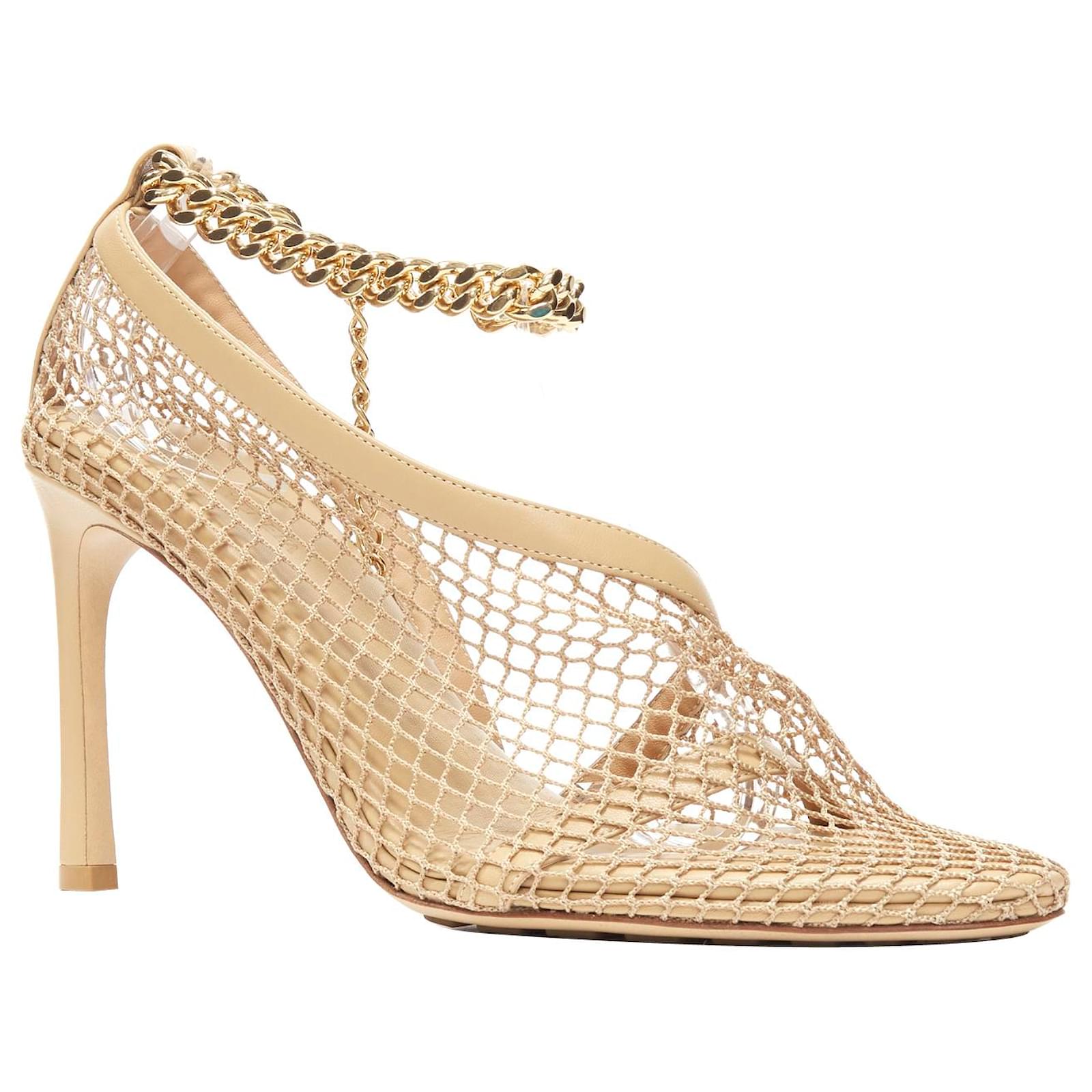Bottega Veneta Runway Daniel Lee Beige Fishnet Gold Chain High Heel ...