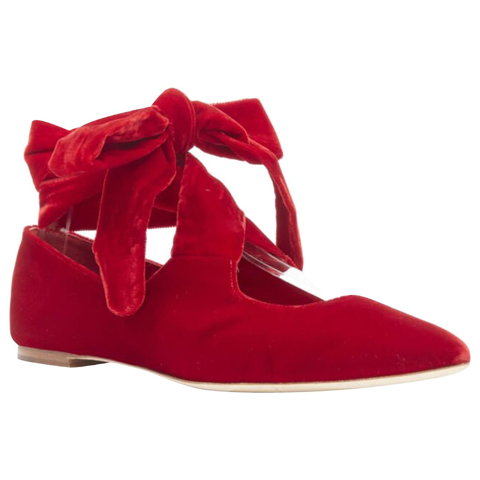 The Row Elodie Red Velvet Wrap Bow Tie Almond Toe Flats Eu38 Nylon ref ...