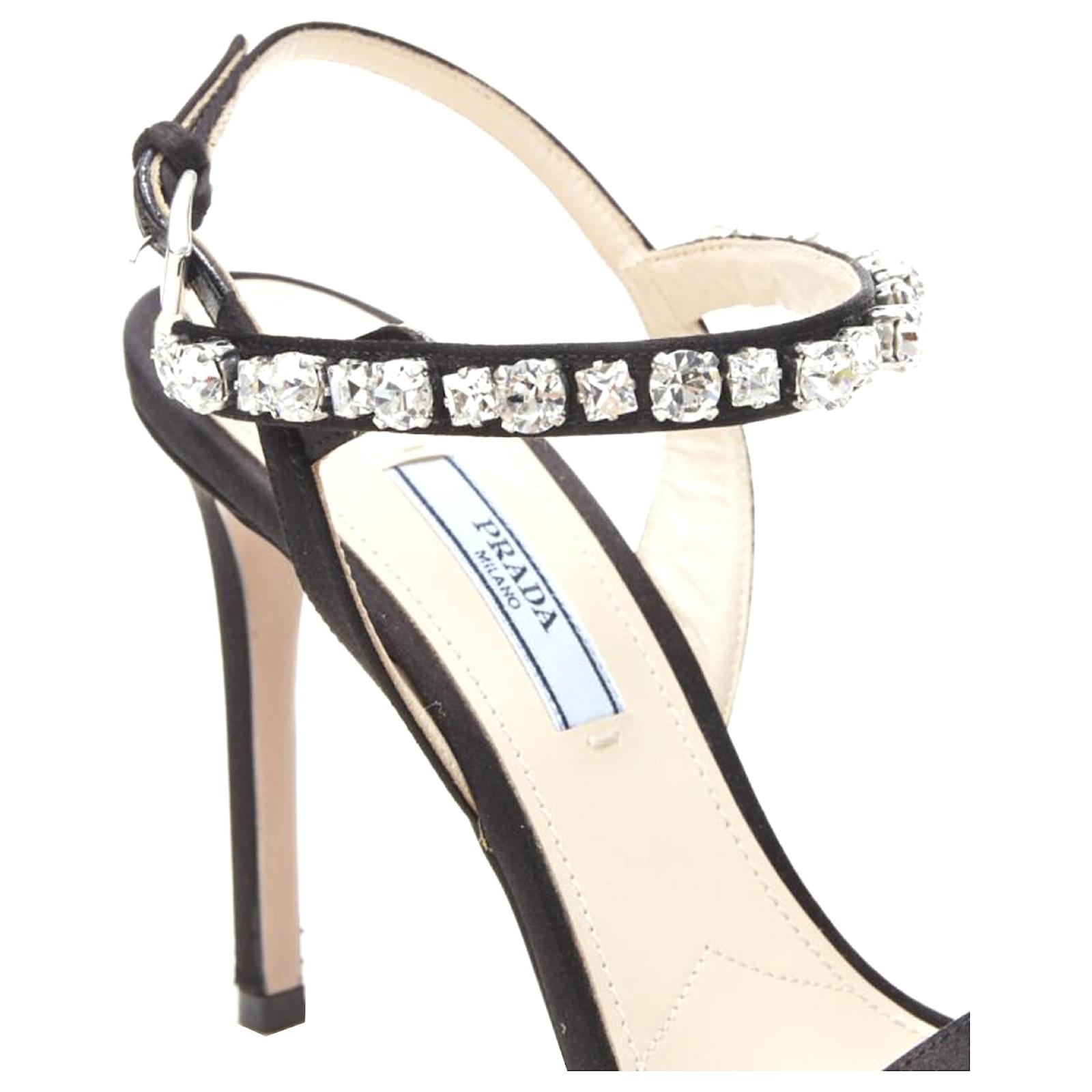 Prada Black Satin Crystal Embellished Strappy High Heel Sandals Eu37.5 ...