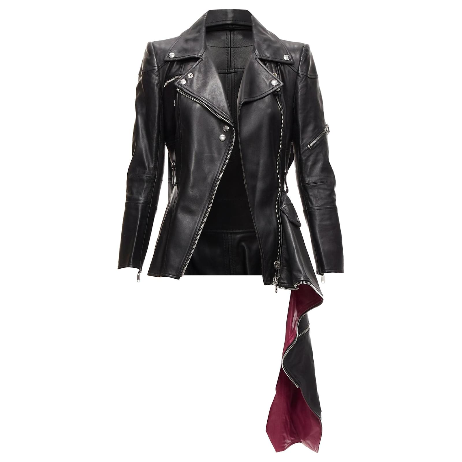 Alexander Mcqueen Runway Black Zip Asymmetric Hem Biker Jacket Leather ...