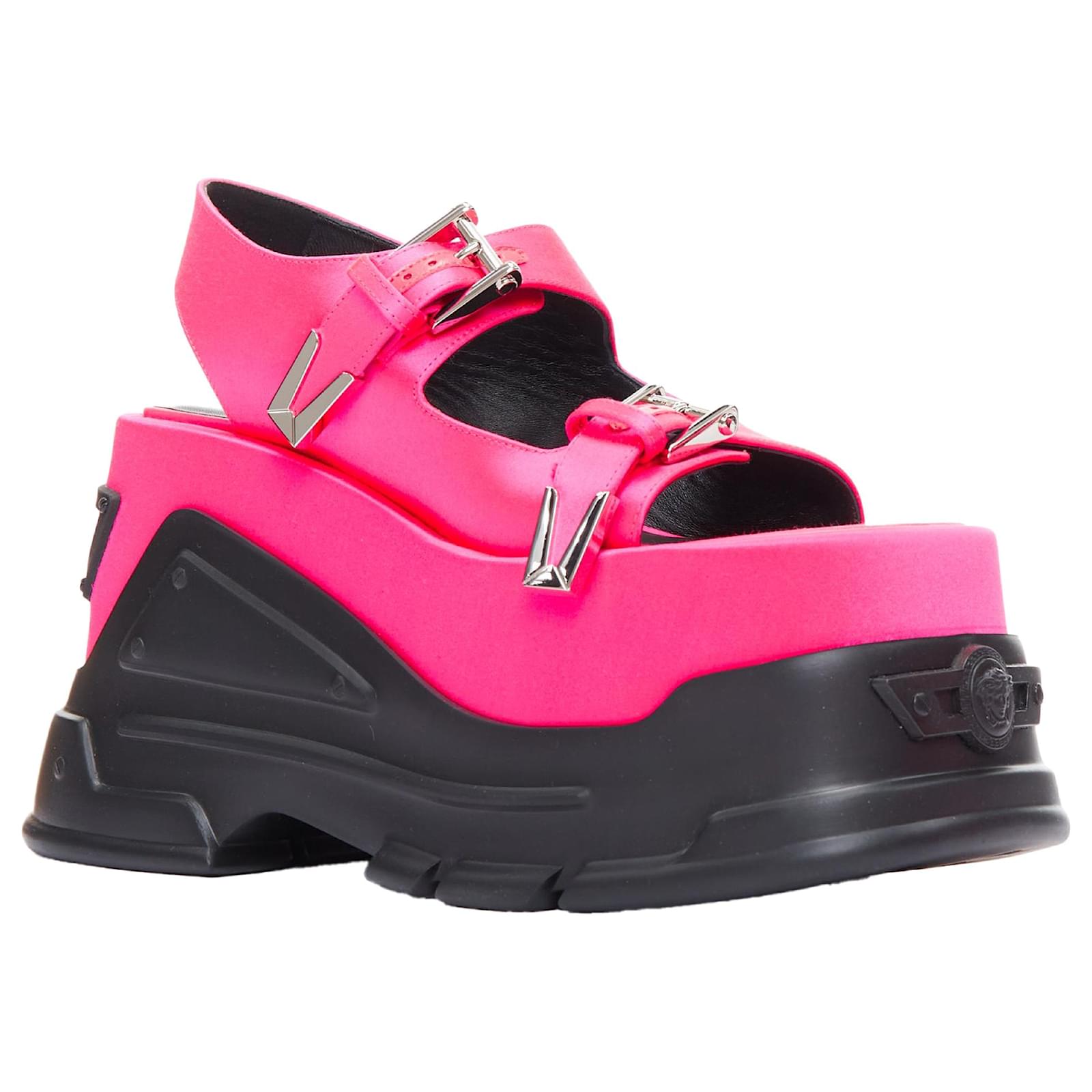 Versace anthem tropical satin platform chunky sandals Pink ref.1719498 ...