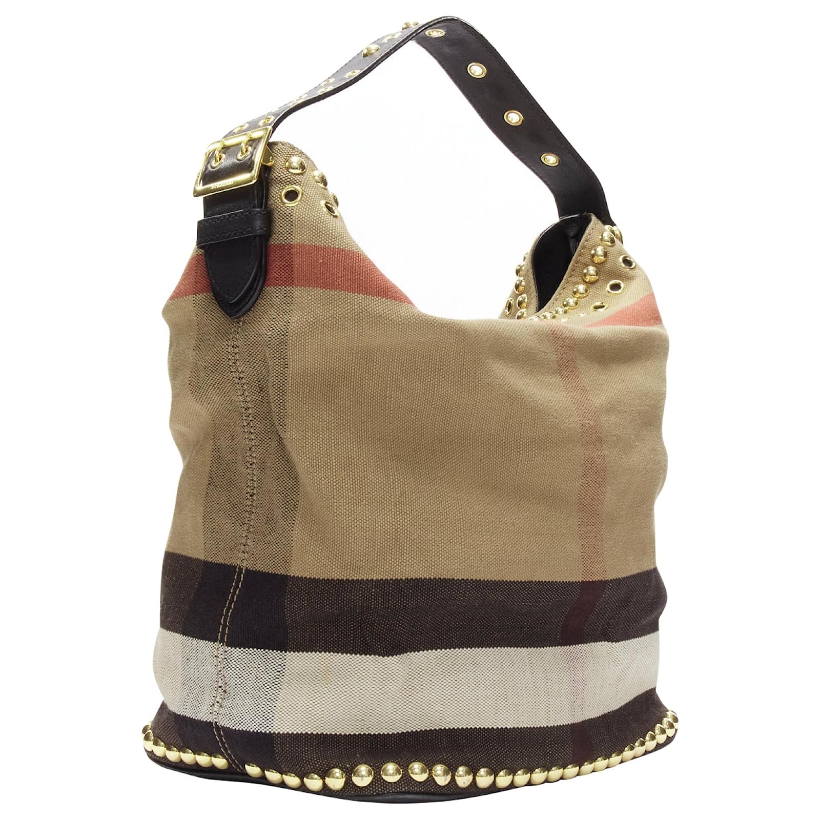 Burberry Ashby big hoe check studded leather bucket bag Brown Beige ...