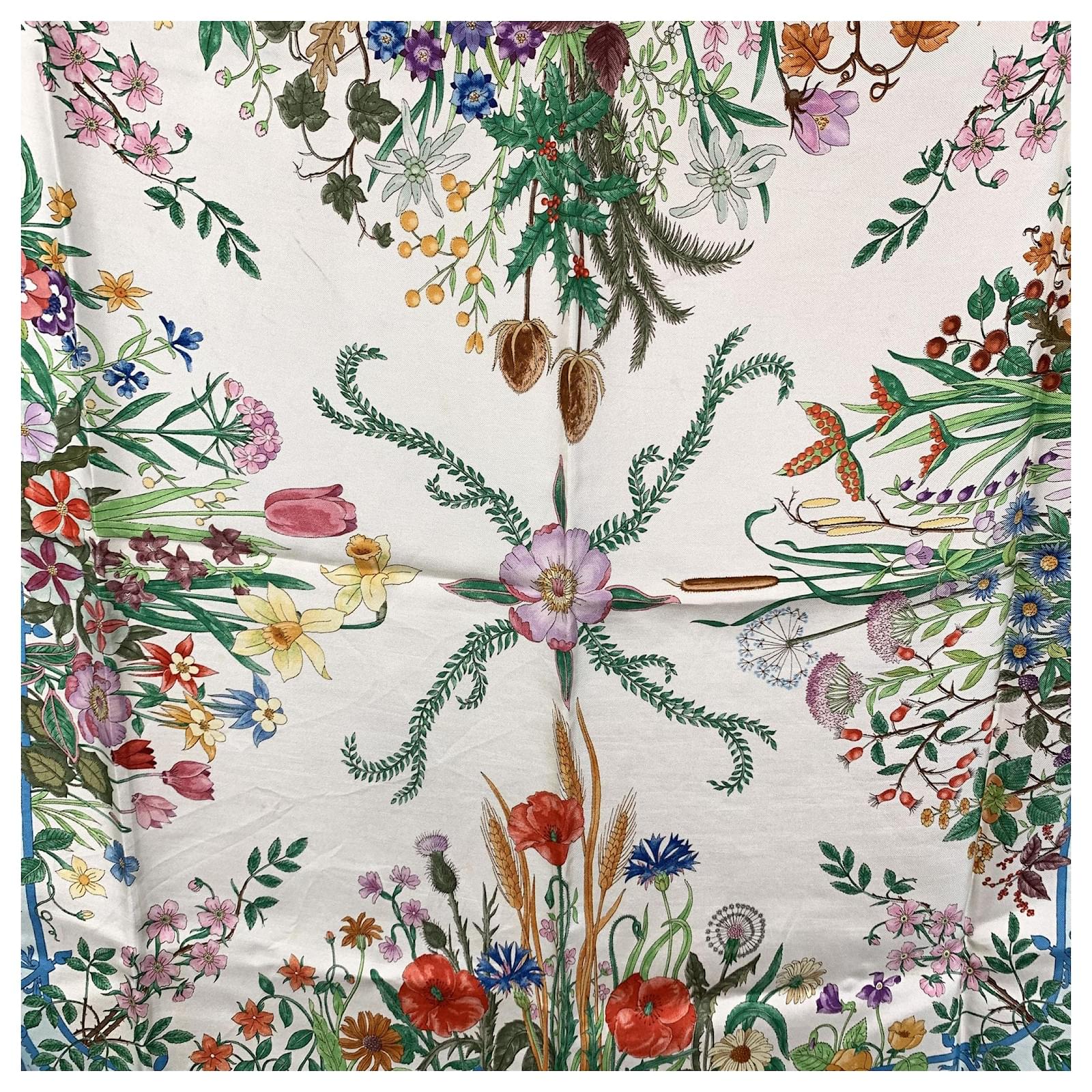 Gucci Vintage Rare Floral Pattern Silk Scarf Accornero Blue Border ref ...