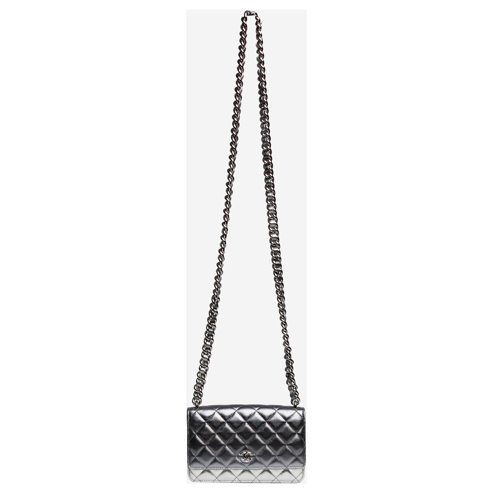 Chanel Silver lambskin quilted Wallet-on-Chain bag Silvery Leather ref ...