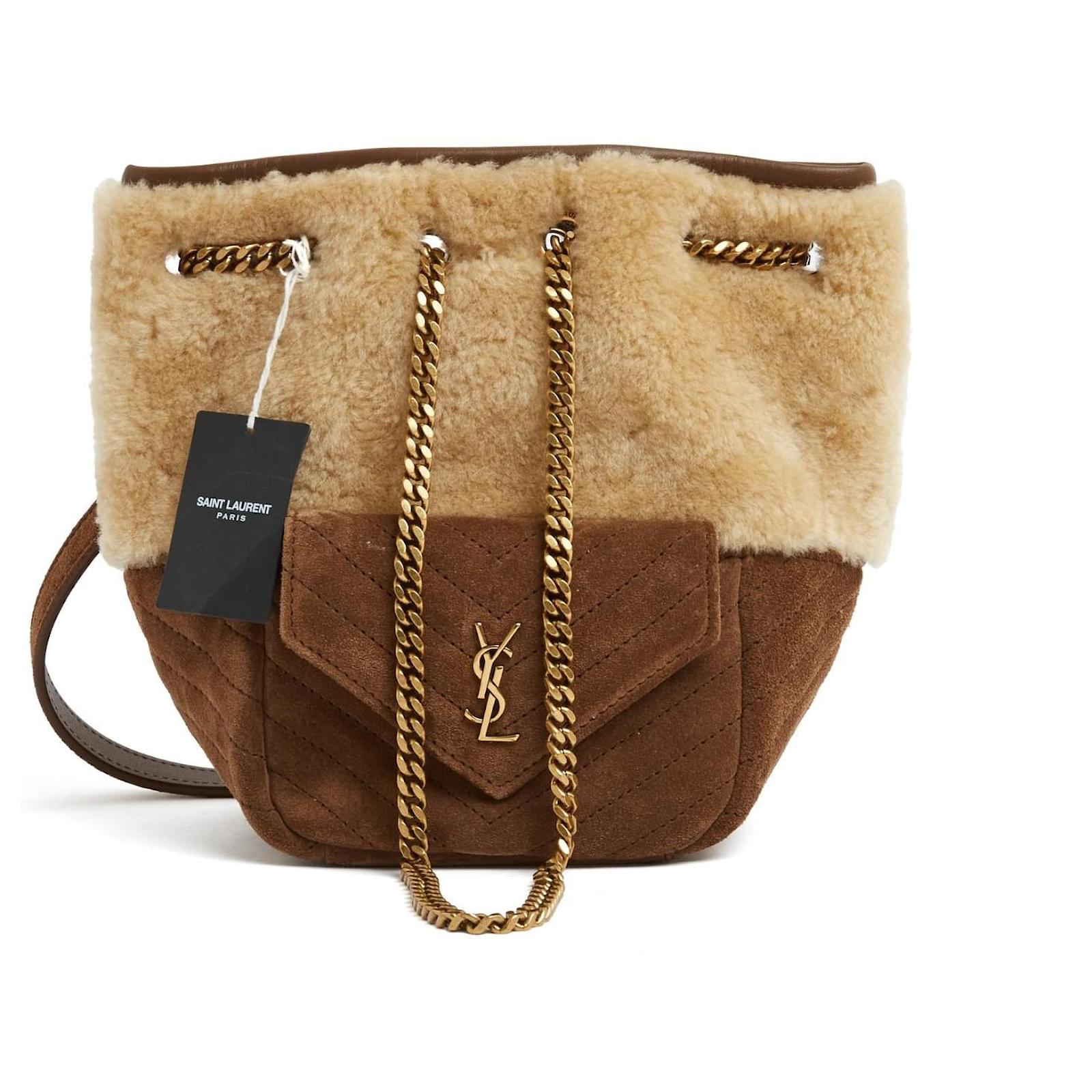 Yves Saint Laurent 2023 Mini Joe Shearling and Suede Bucket Bag New ...