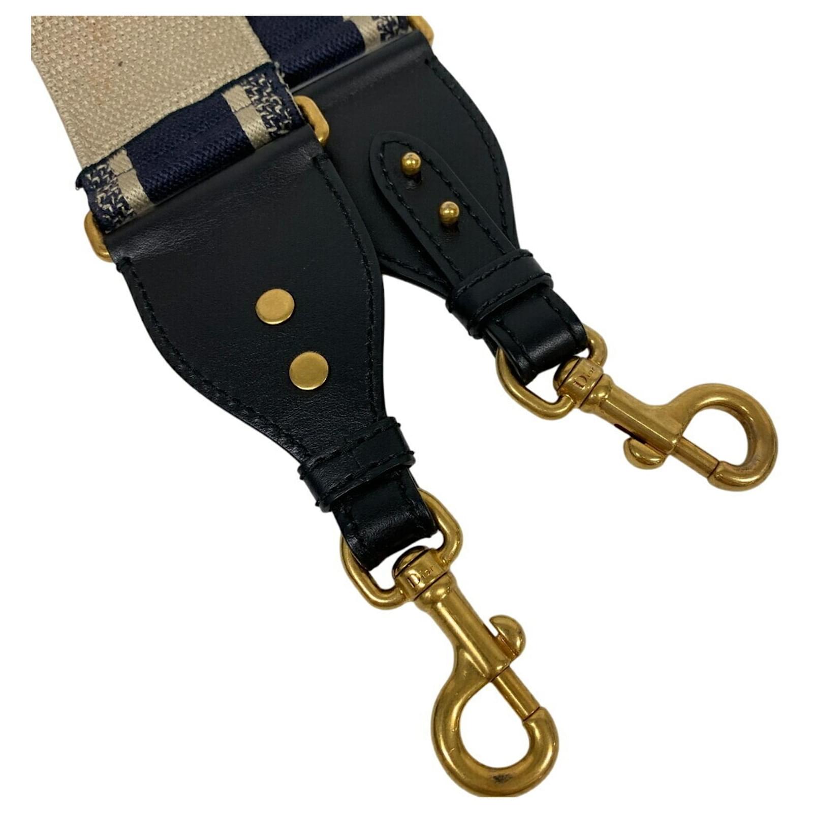 Christian Dior Embroidered Shoulder Strap Black Navy blue Leather Cloth ...