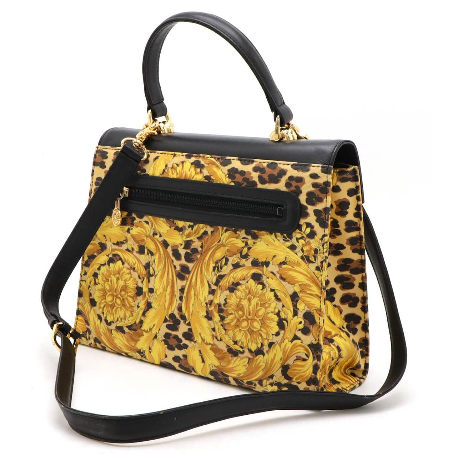 Versace Gianni Sunburst Barocco Leopard 2WAY Handbag PVC Leather Yellow ...