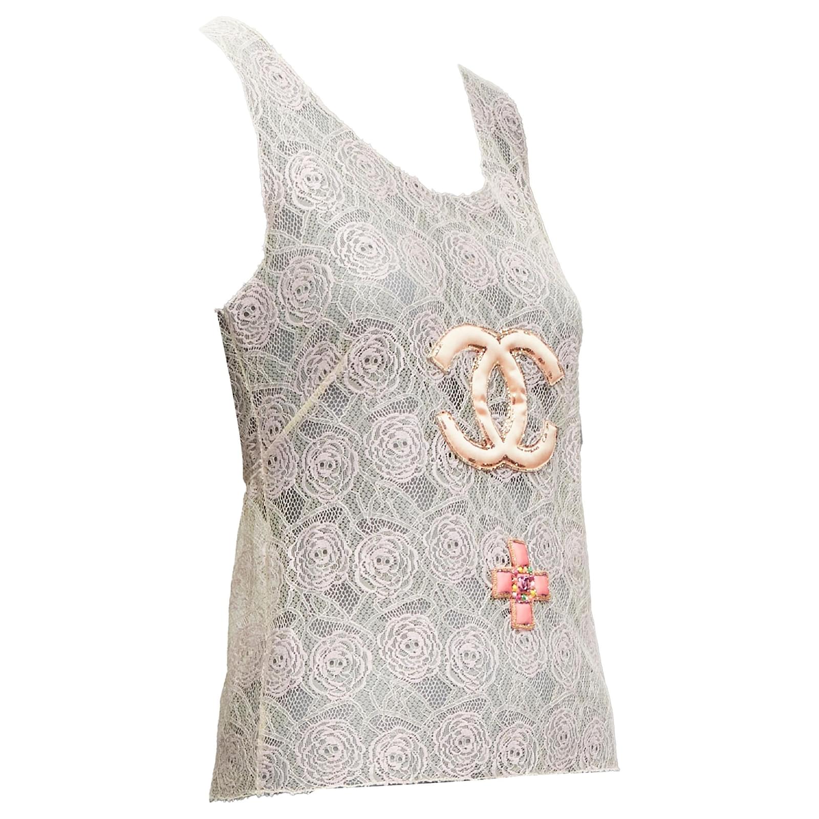 Chanel cc byzantine gripoix applique camellia lace top White Cream ...
