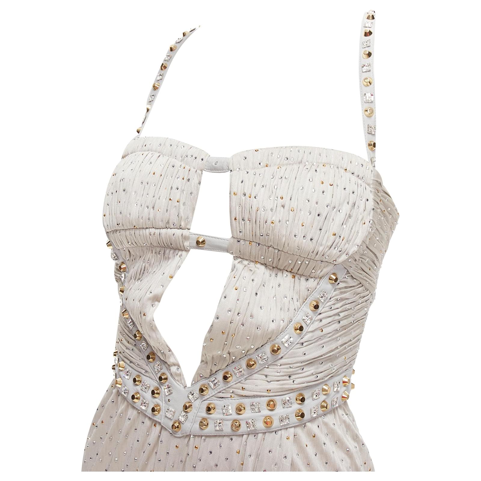 Versace Crystal Embellished Studded Harness Gown Silvery Metallic ...