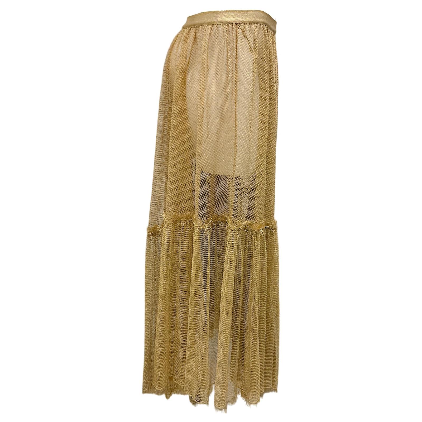 Christian Dior Gold Metallic Frayed Mesh Maxi Skirt Golden Synthetic ...