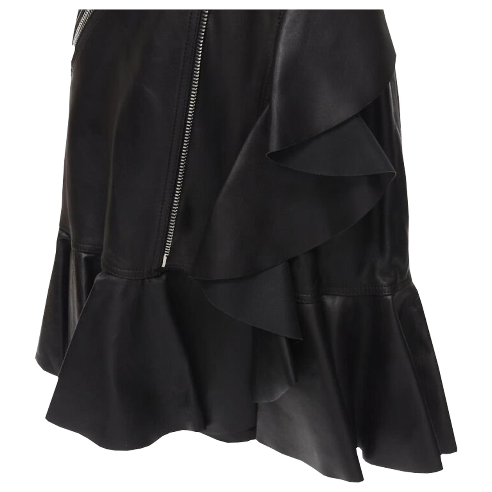 Alexander McQueen leather biker belted ruffle trim dress Black ref ...