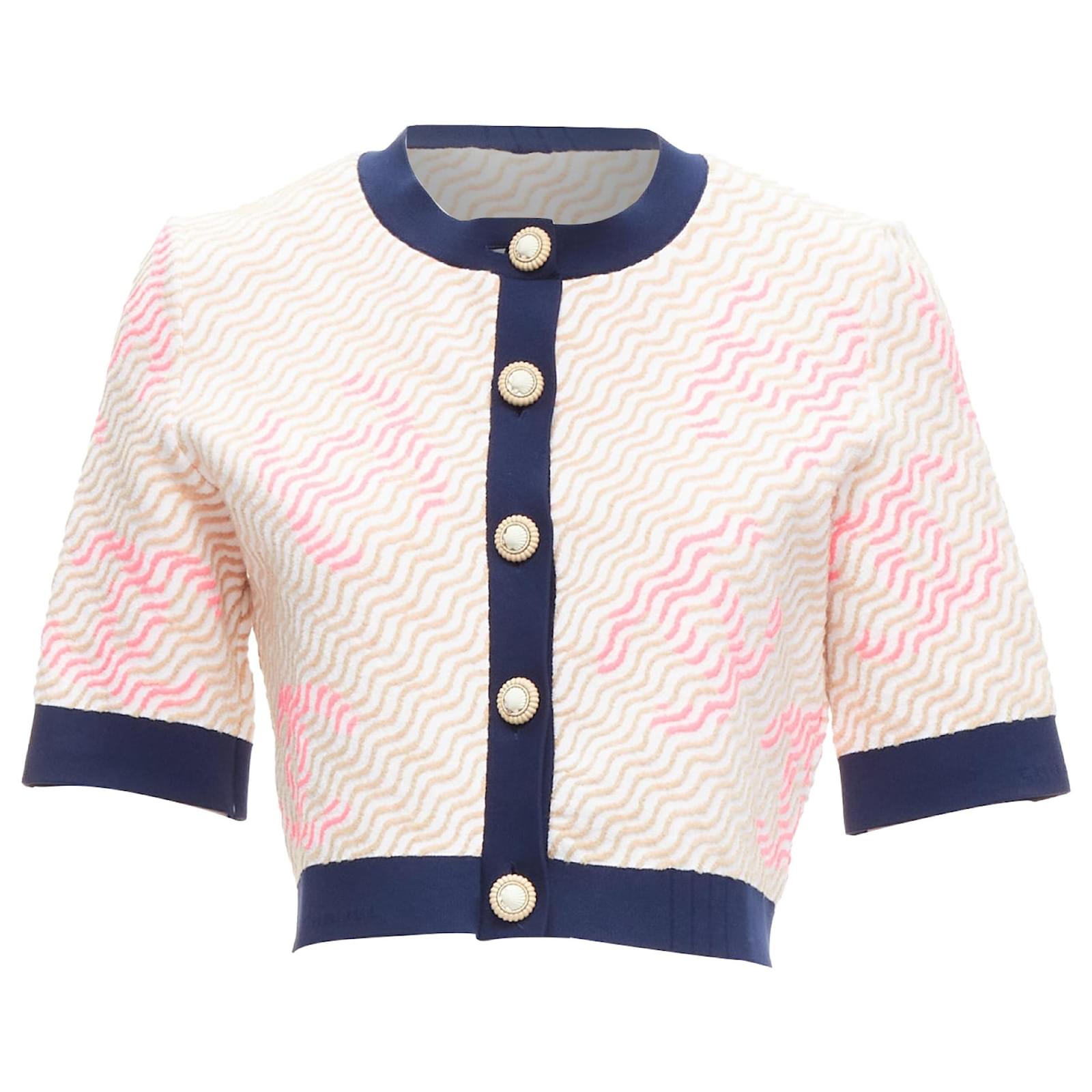 Chanel applique logo twirl seashell button cropped cardigan Pink ...