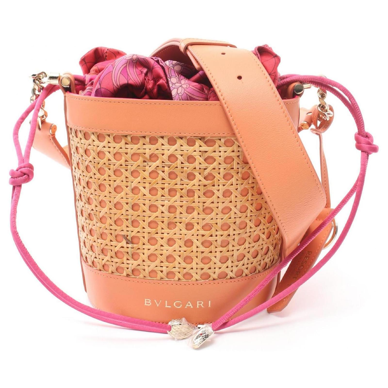 Bulgari Bvlgari Serpenti Forever Raffia Bucket Bag Beige Orange Leather ...